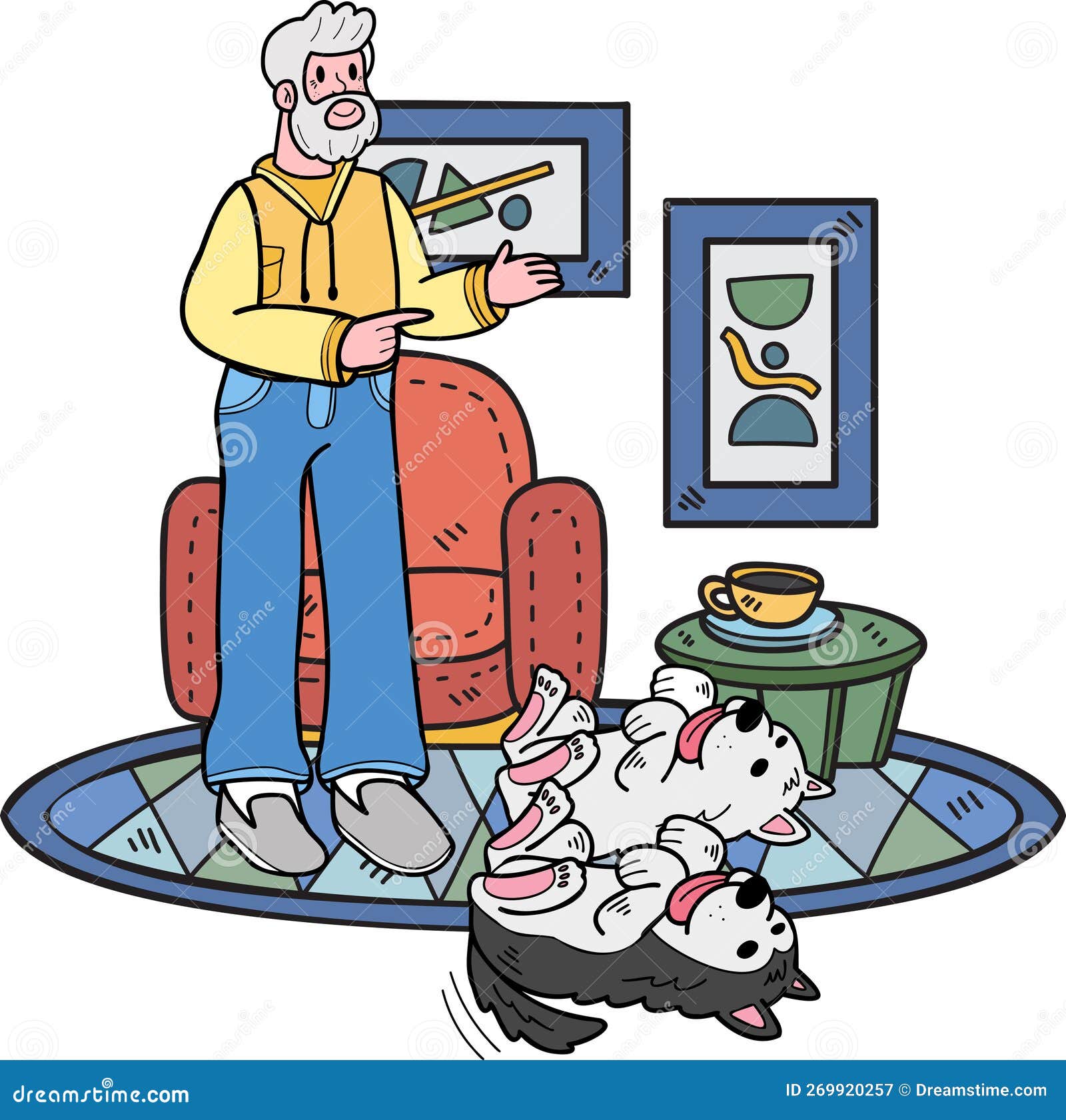 Hand Drawn Elderly Man Training a Dog Illustration in Doodle Style ...