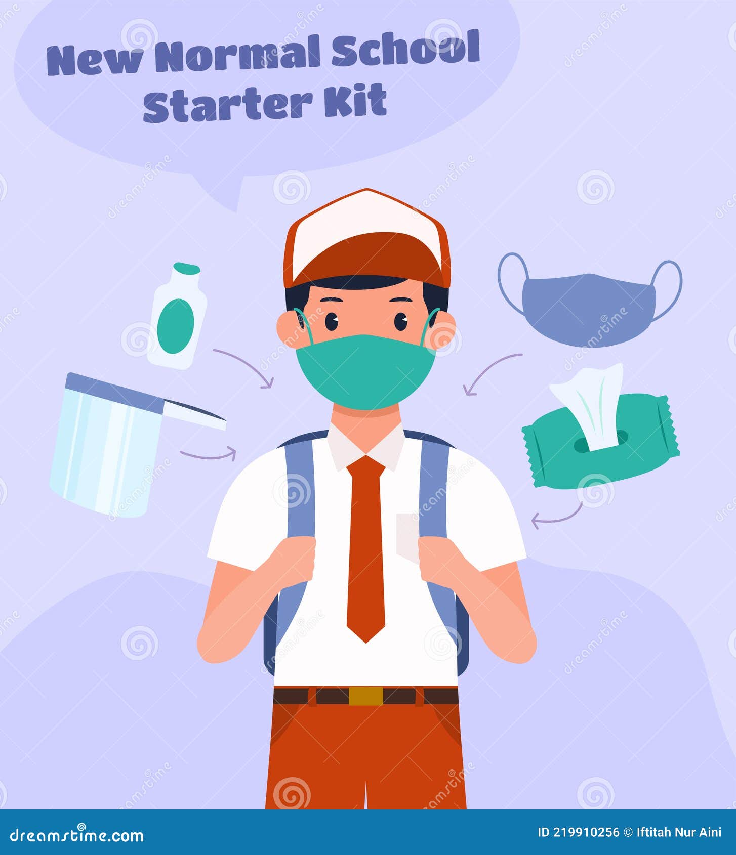 Hand Drawn Elementary School Student with New Normal Starter Kit Vector ...