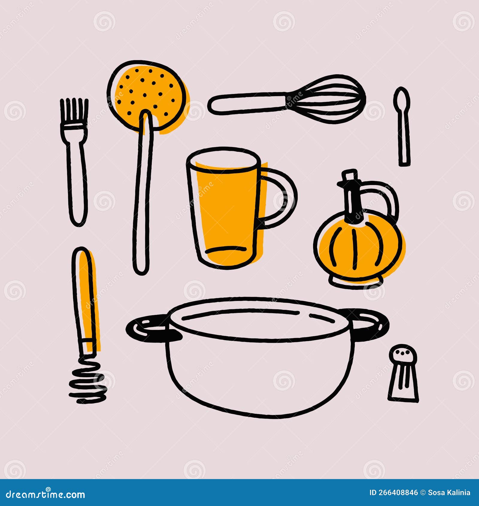 Hand Drawn Elements Color Set of Kitchen Utensils for Making Bread ...