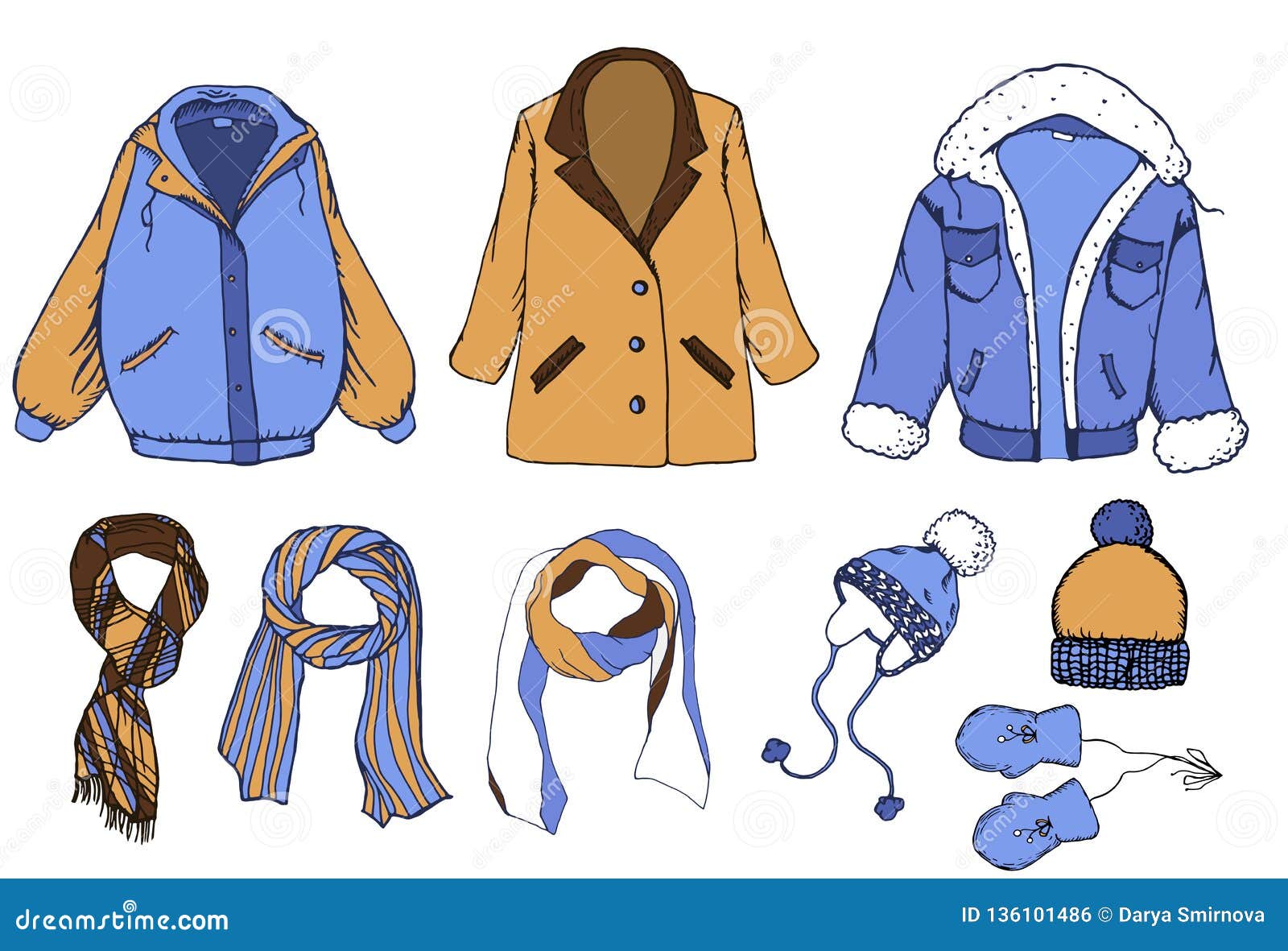 Hand Drawn Elements Set with Coat, Jacket, Scarf and Caps. Vector ...