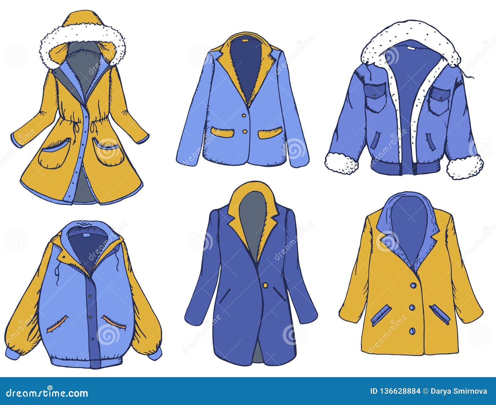 Hand Drawn Elements Set with Outerwear: Color Coat, Jacket, Blazer ...