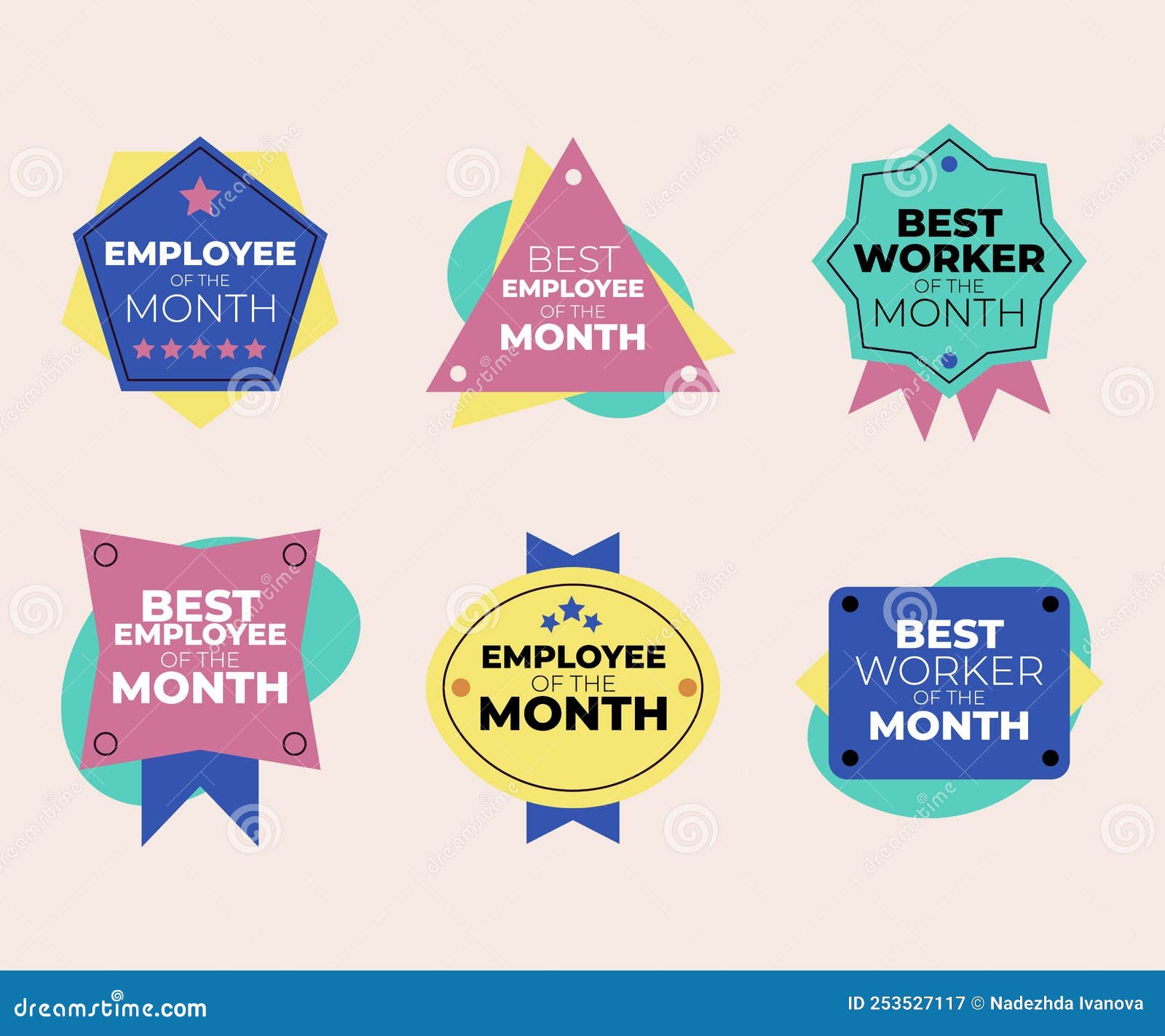 Hand Drawn Employee of the Month Badges Set Vector Illustration. Stock ...