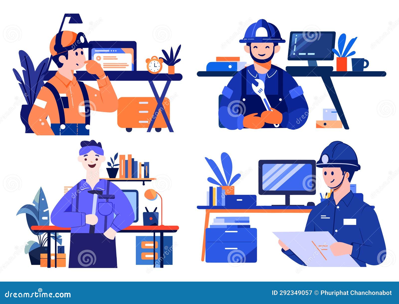 Hand Drawn Engineer or Architect in Office in Flat Style Stock Vector ...