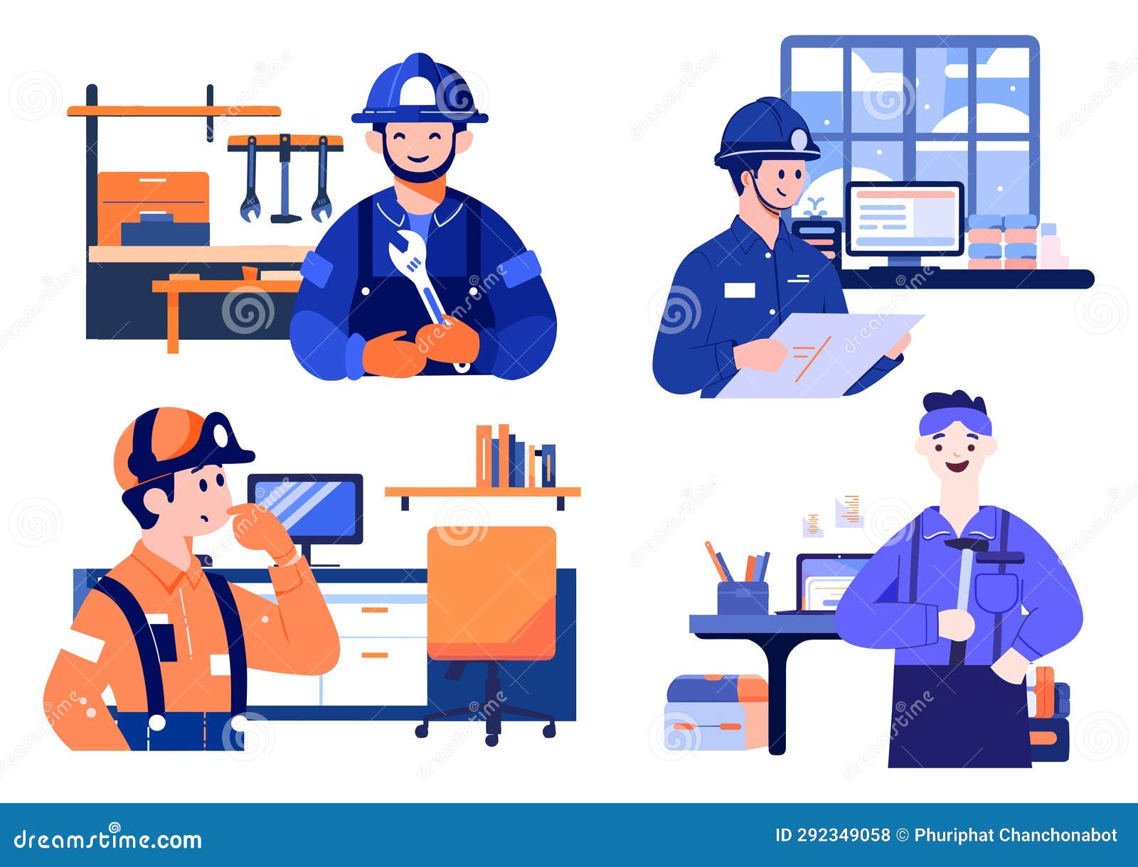 Hand Drawn Engineer or Architect in Office in Flat Style Stock ...