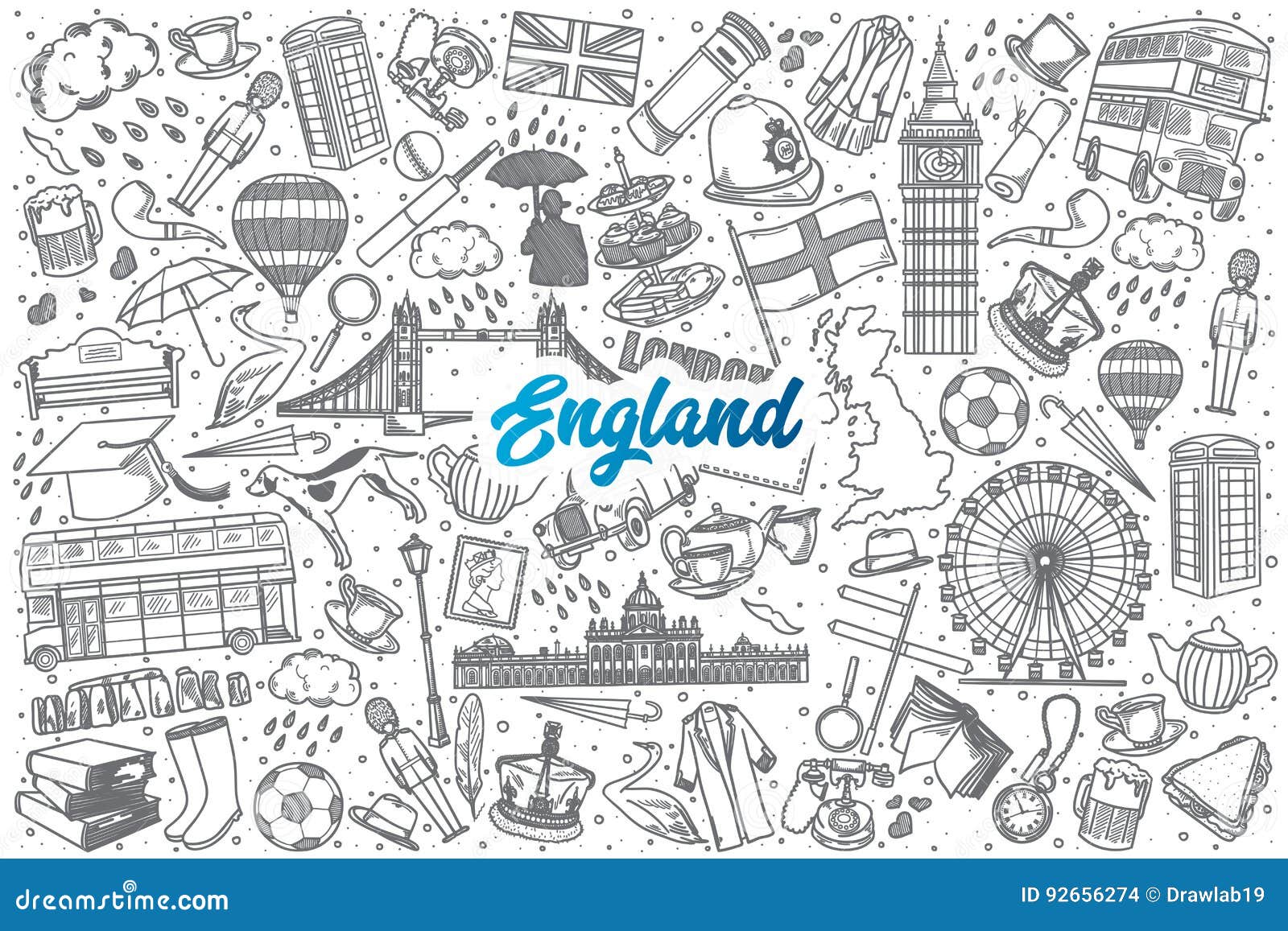 Hand Drawn England Doodle Set With Lettering Vector Illustration ...