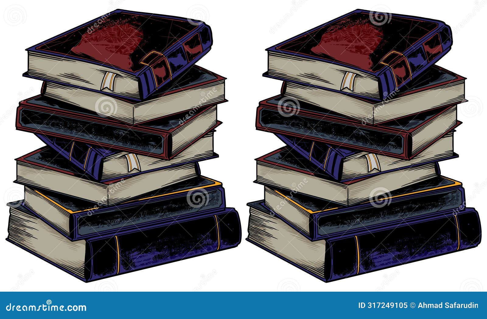 Hand Drawn Engraving Colorful Vintage Books in Two Stacks Stock Vector ...