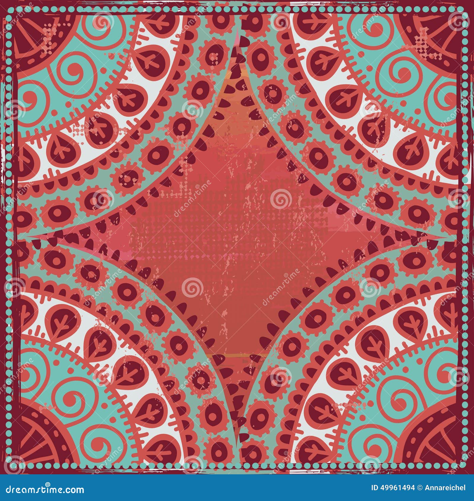 Hand Drawn Ethnic Frame in Blue and Coral Red Tones Stock Vector ...