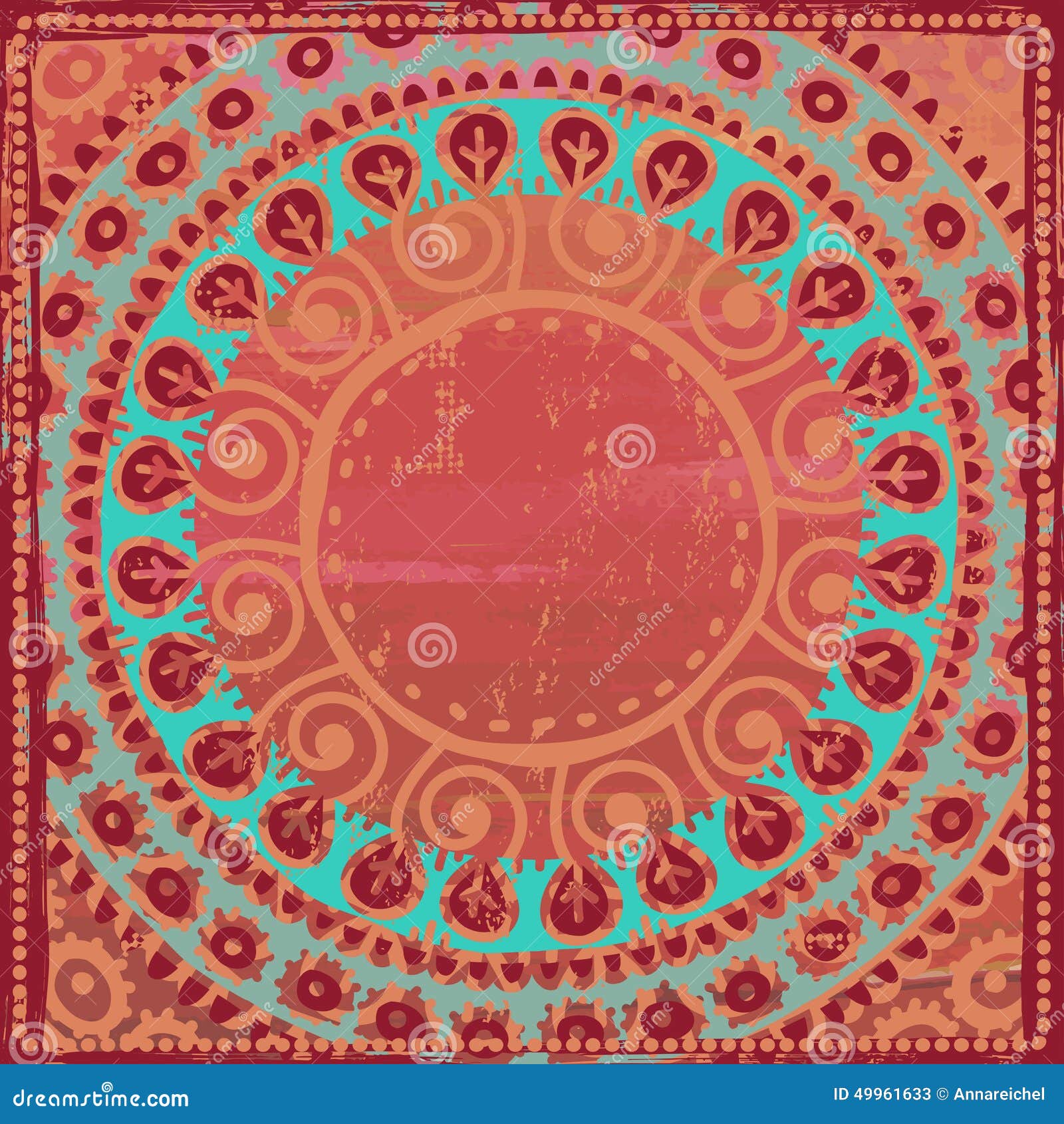 Hand Drawn Ethnic Frame in Turquoise and Coral Red Tones Stock Vector ...