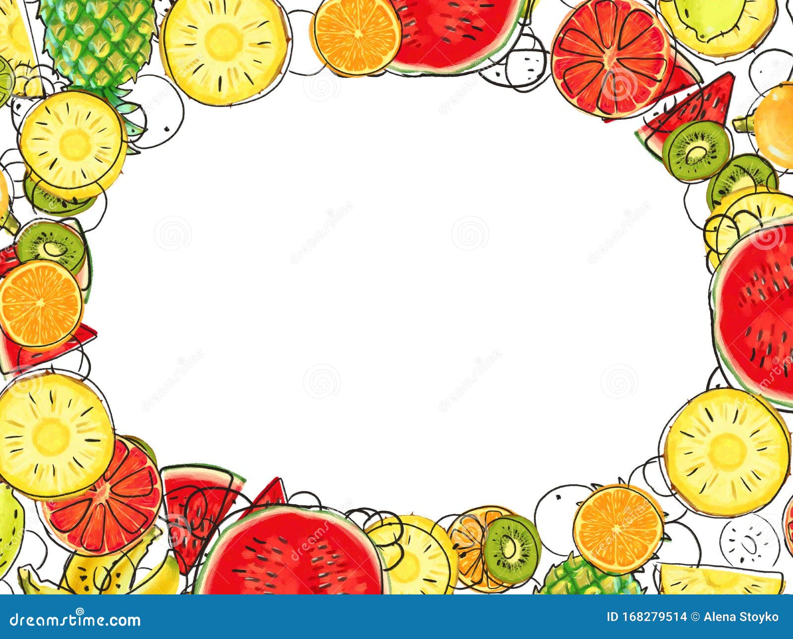 Hand Drawn Exotic Fruit Frame Isolated on White Background Stock ...