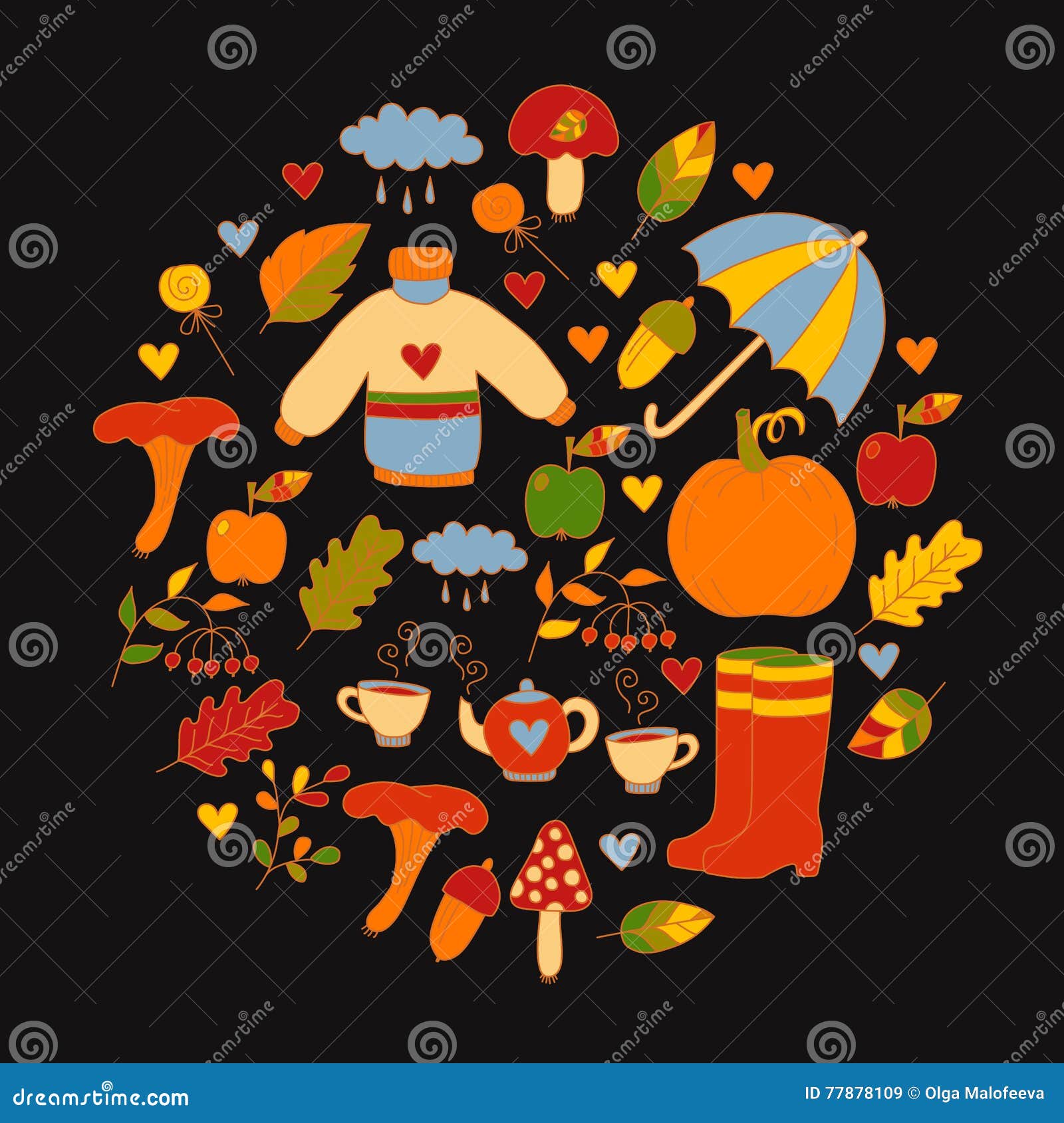 Hand Drawn Fall Autumn Symbols in Circle Stock Vector - Illustration of ...