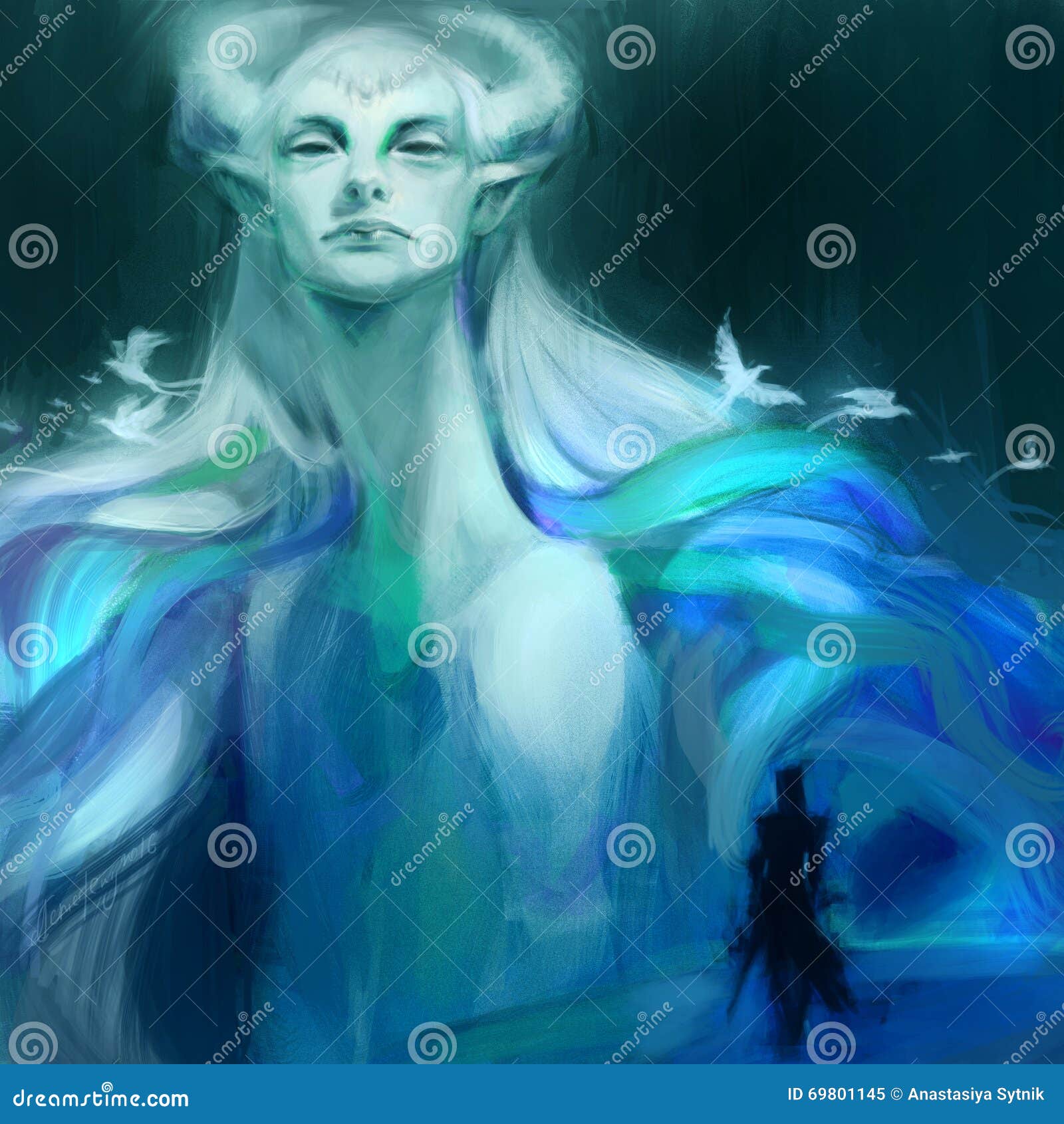 Hand Drawn Fantasy Abstract Elf in Blue Colors Stock Illustration ...