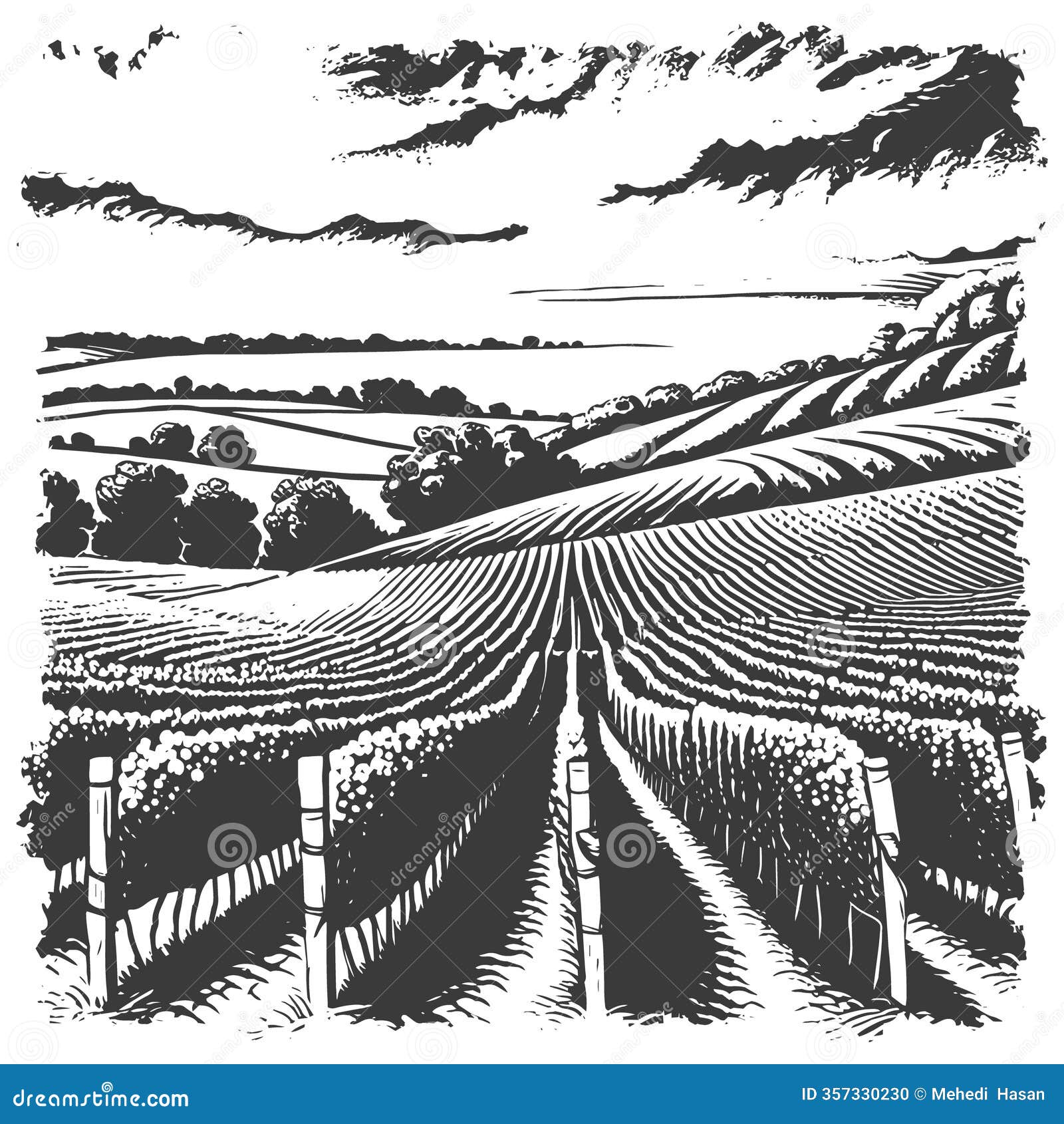 Hand drawn farm landscape stock illustration. Illustration of circle ...