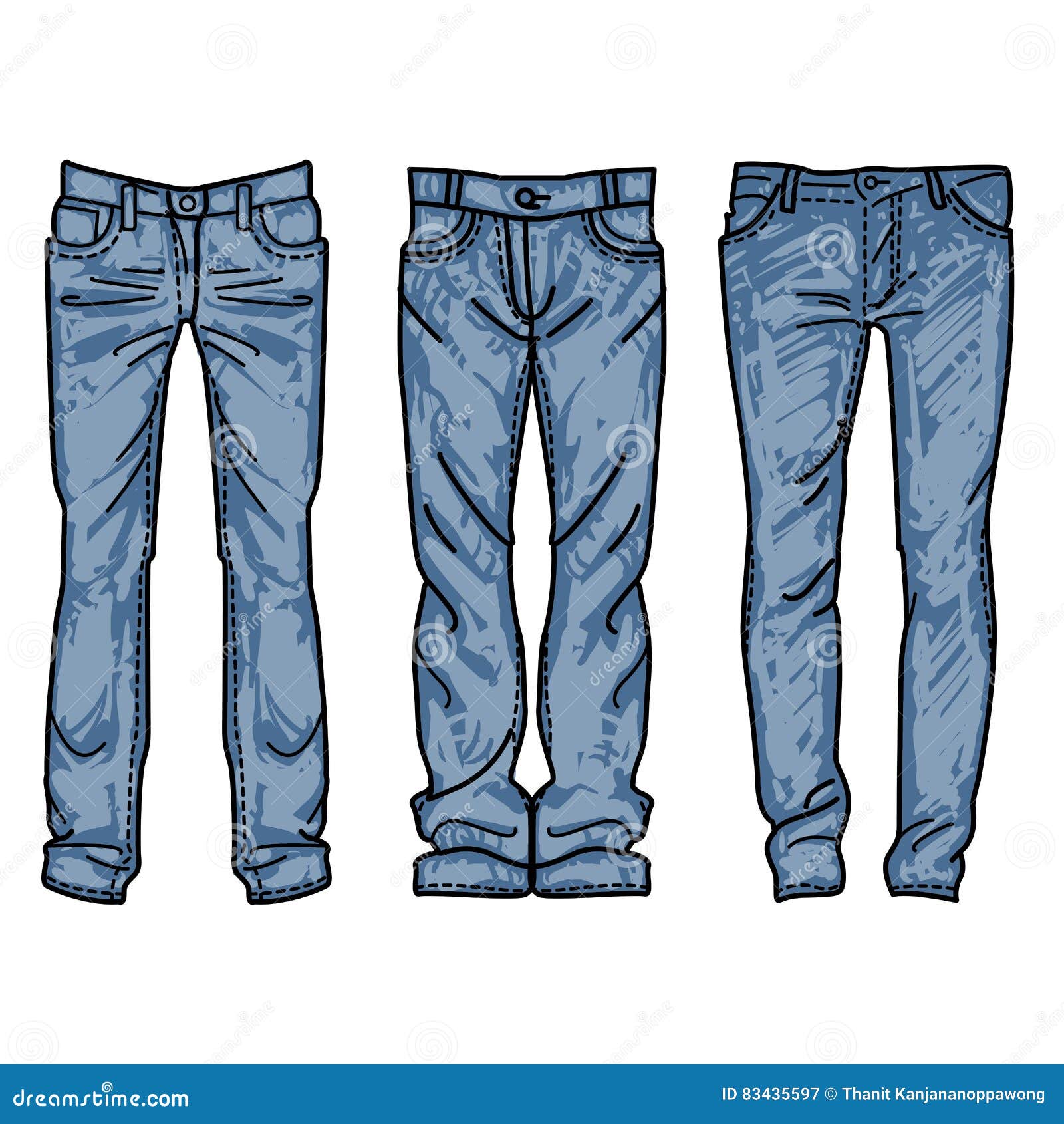 Hand Drawn Fashion Collection Of Men`s Jeans Drawing Blue Jeans Stock