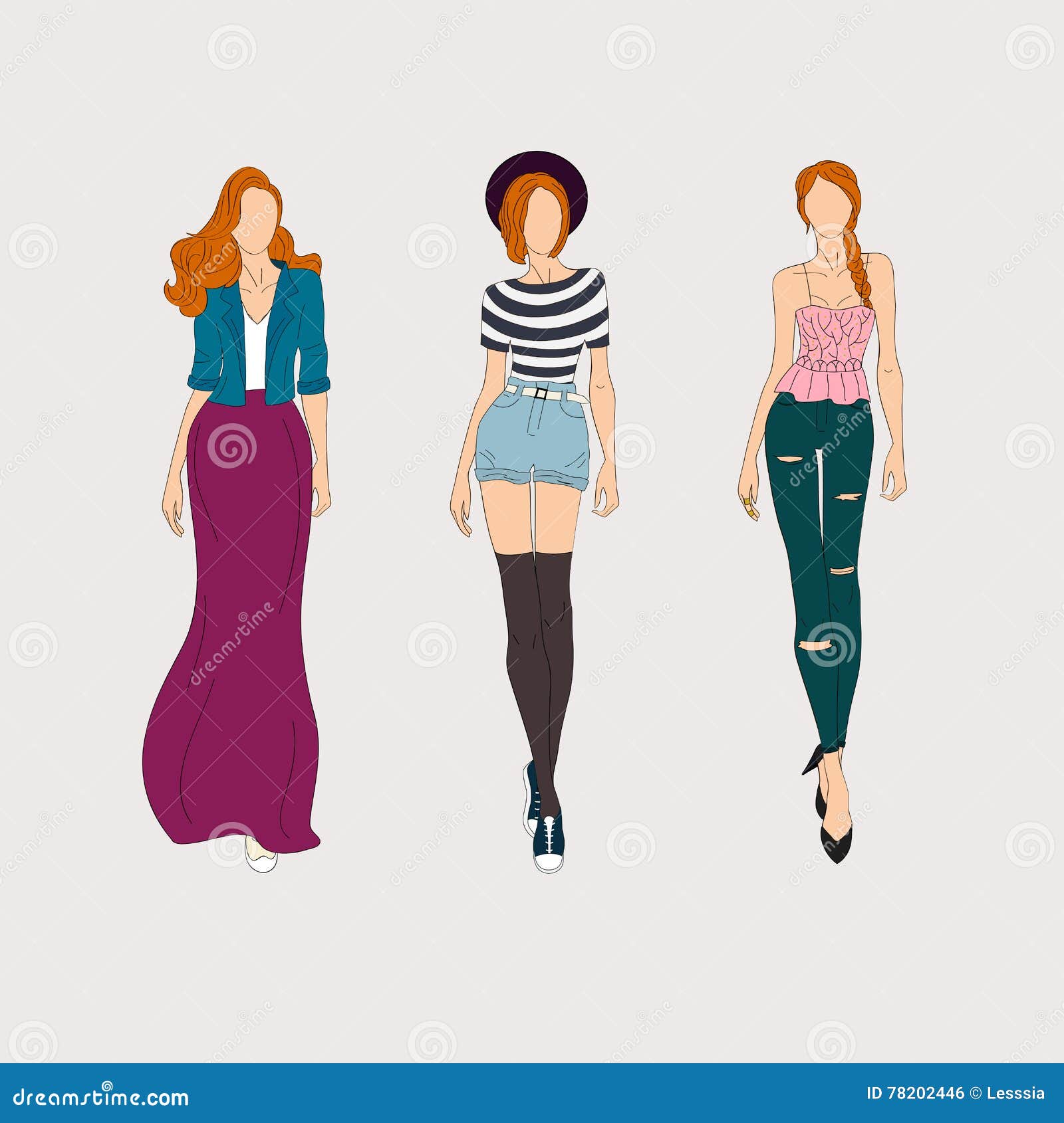 Hand Drawn Fashion Models. Vector Stock Vector - Illustration of hair ...