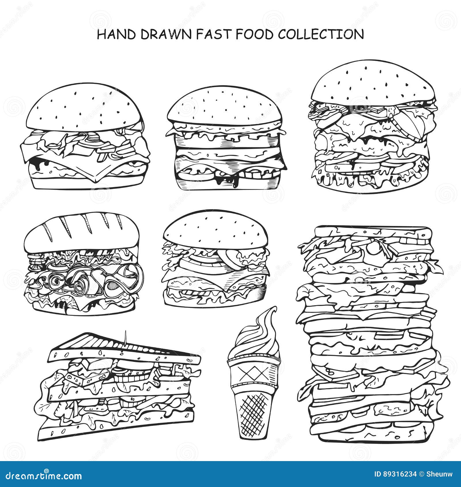 Hand Drawn Fast Food Collection. Doodle Style. Stock Vector ...
