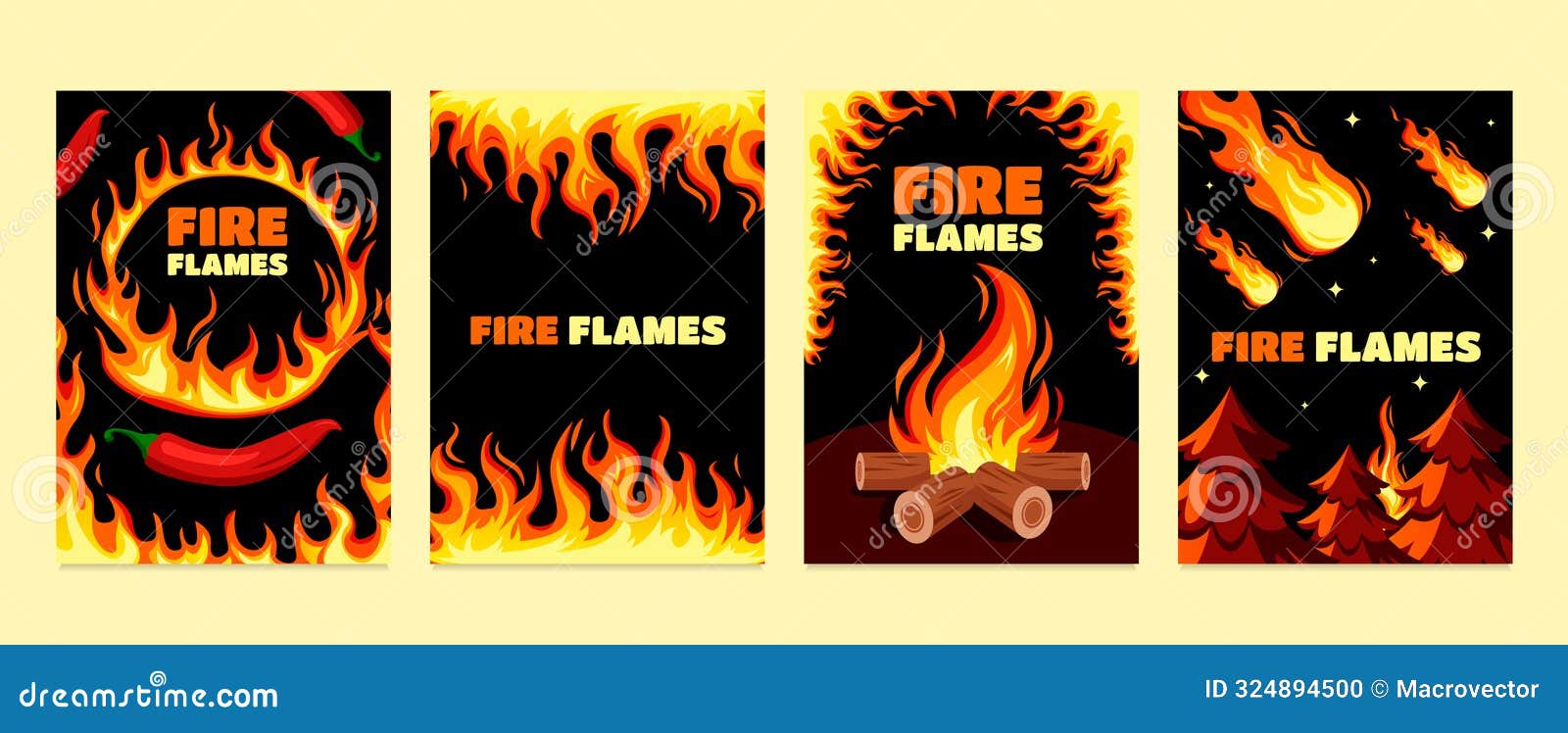 Hand Drawn Fire Flames Cards Set Stock Illustration - Illustration of ...