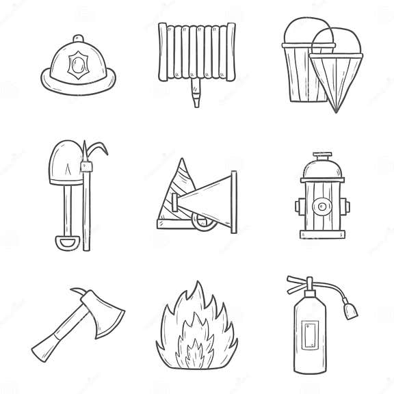 Hand Drawn Firefighter Objects Stock Vector - Illustration of hero ...