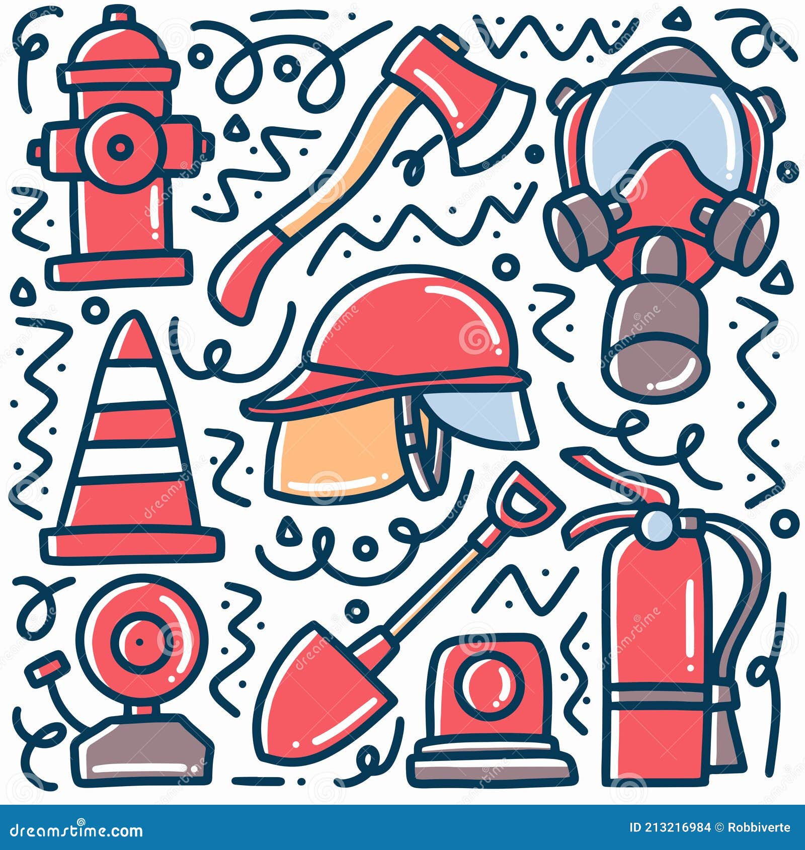 Hand Drawn Firefighters Equipment Doodle Stock Vector - Illustration of ...