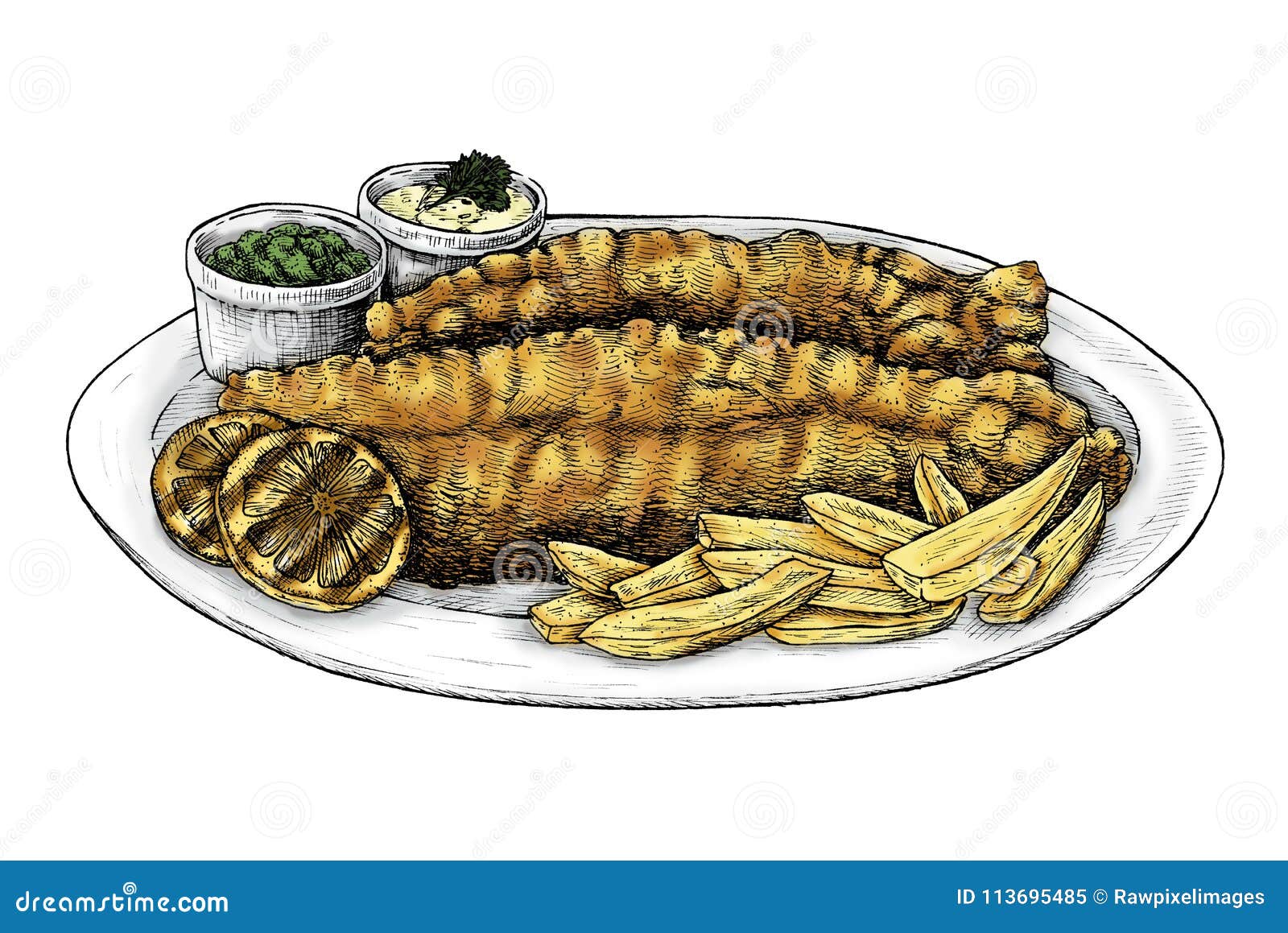 Hand drawn fish and chips stock illustration. Illustration of chips ...