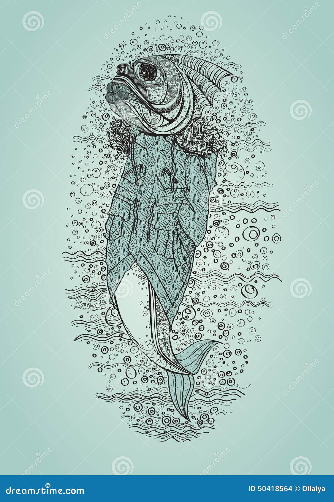Hand drawn fish in coat stock vector. Illustration of graphic - 50418564