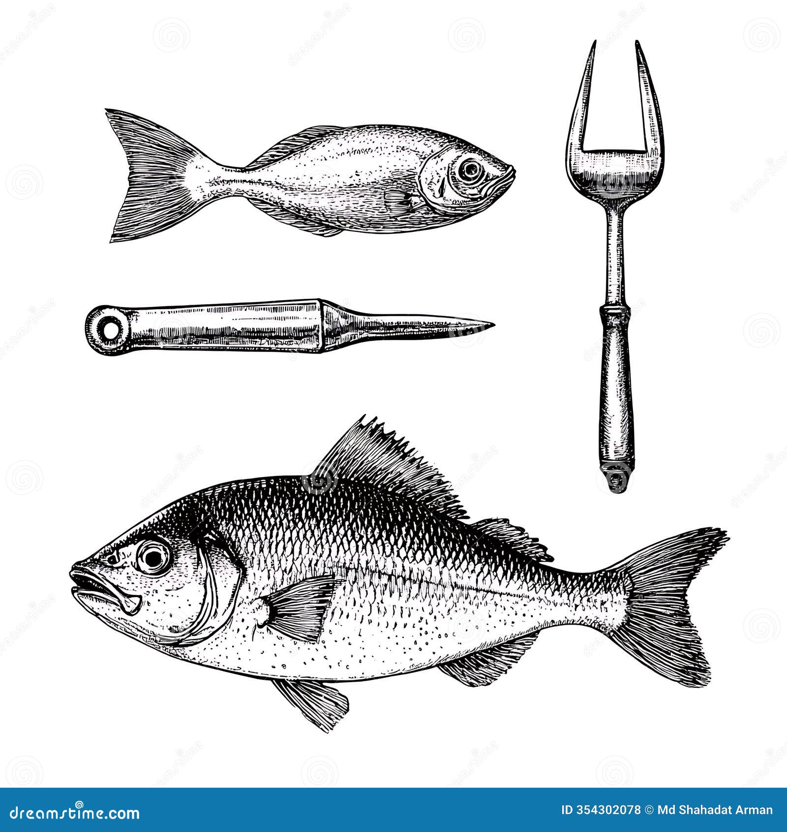 Hand-drawn Fish, Fork, and Fish Scaler Illustration Stock Illustration ...