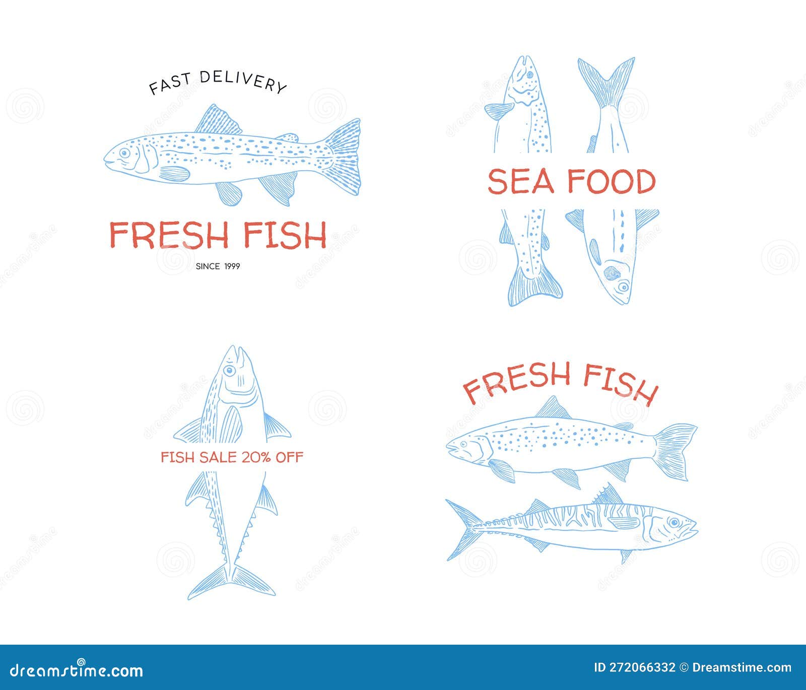 Hand Drawn Fish Logo Set in Sketch Style. Simple Vector Isolated ...