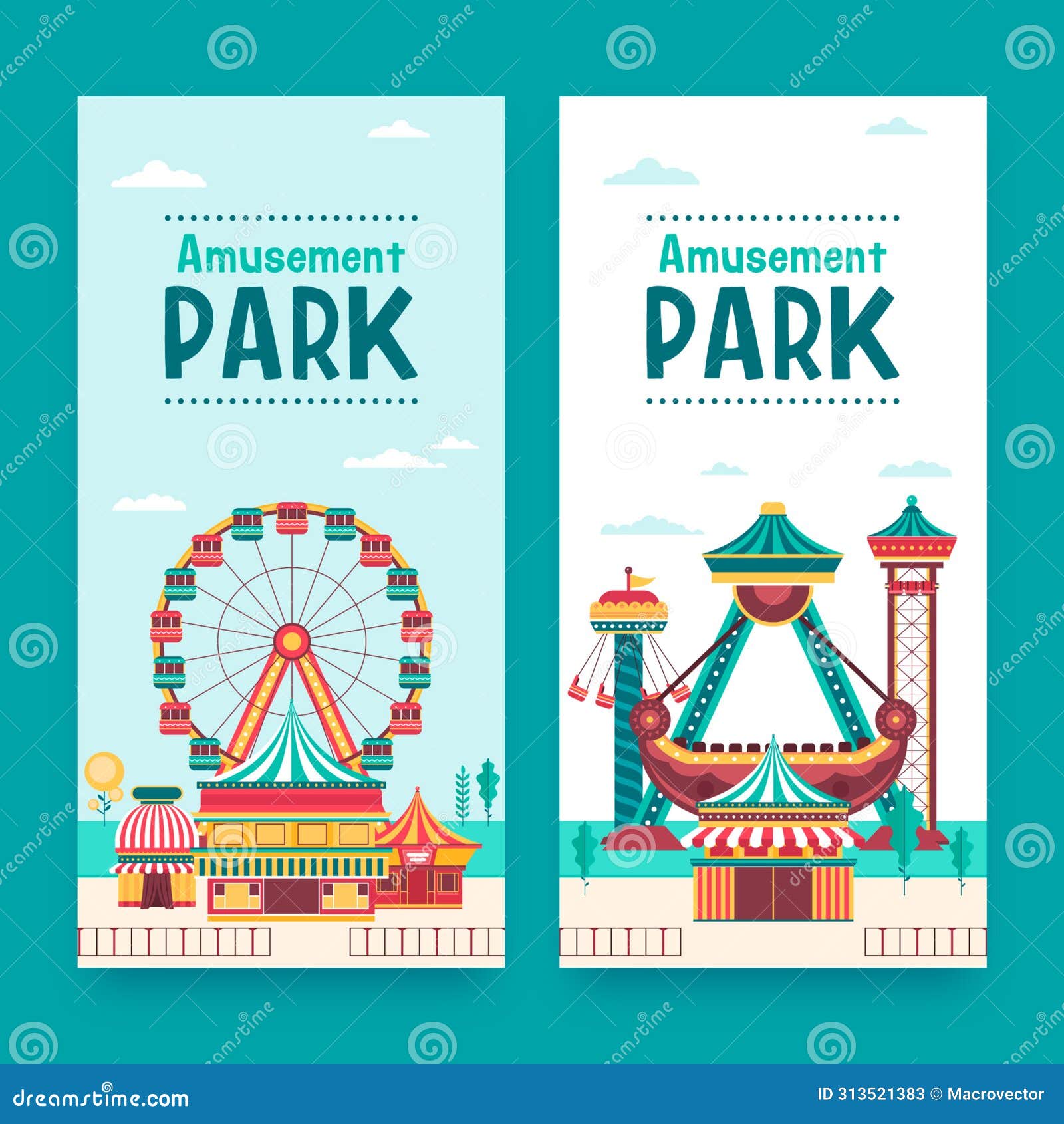 Hand Drawn Flat Amusement Park Banner Set Stock Illustration ...