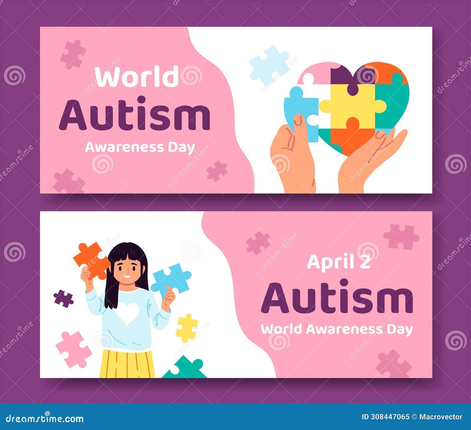 Autism Day Horizontal Banner Template Set with Puzzle Pieces Stock ...