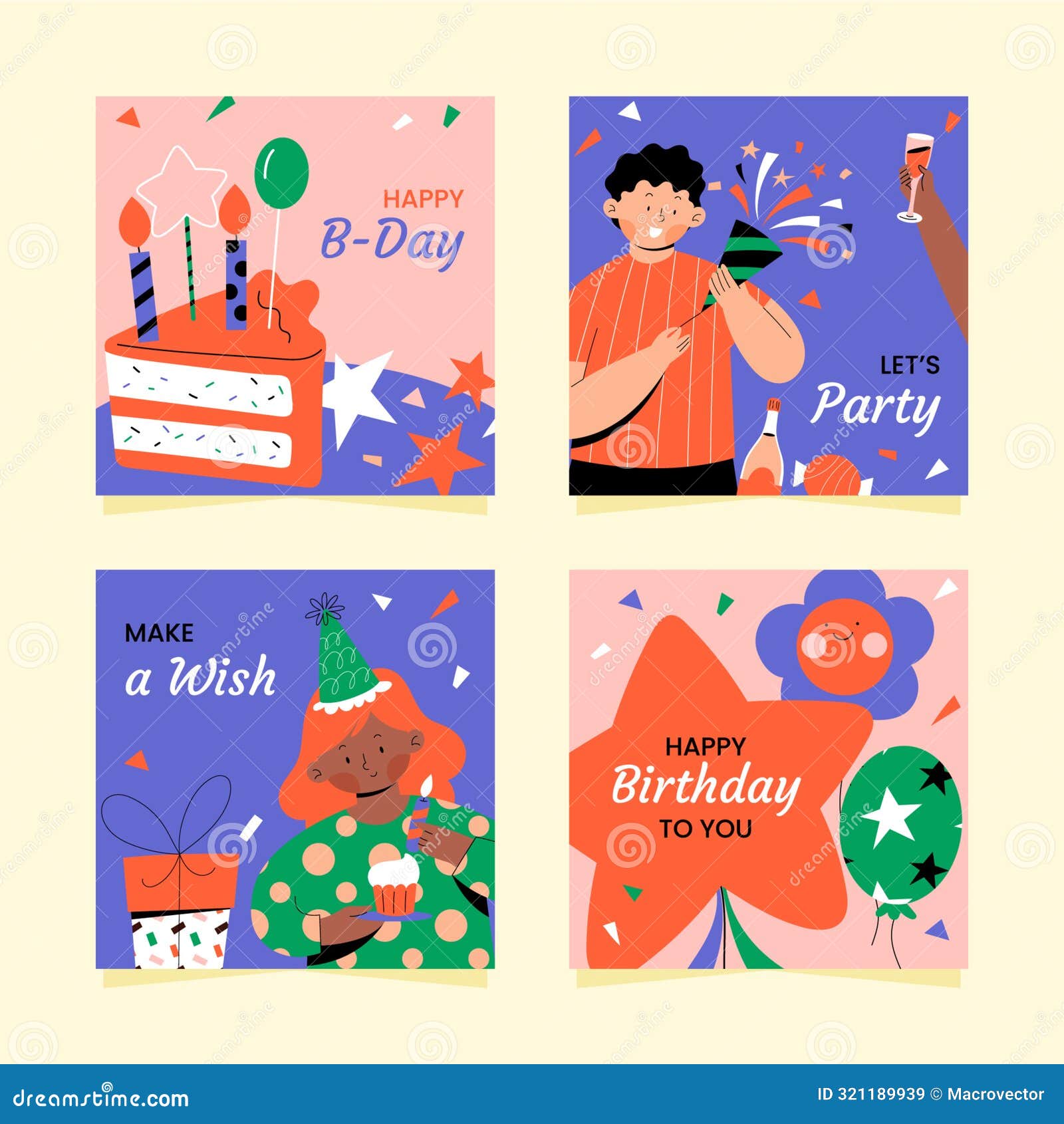 Hand Drawn Flat Birthday Celebration Square Cards Set Stock ...