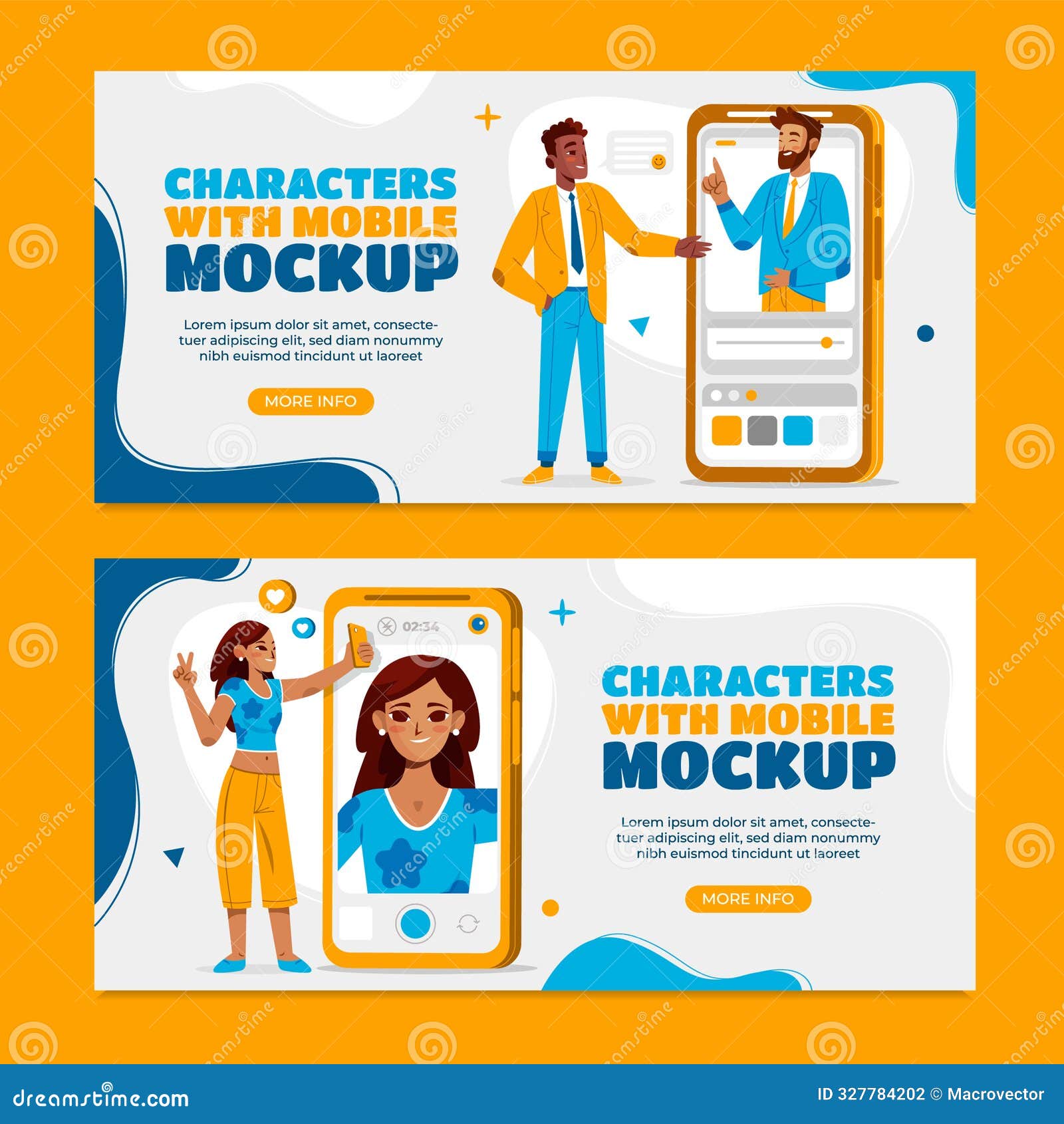 Hand Drawn Flat Character with Mobile Mockup Horizontal Banner Template ...