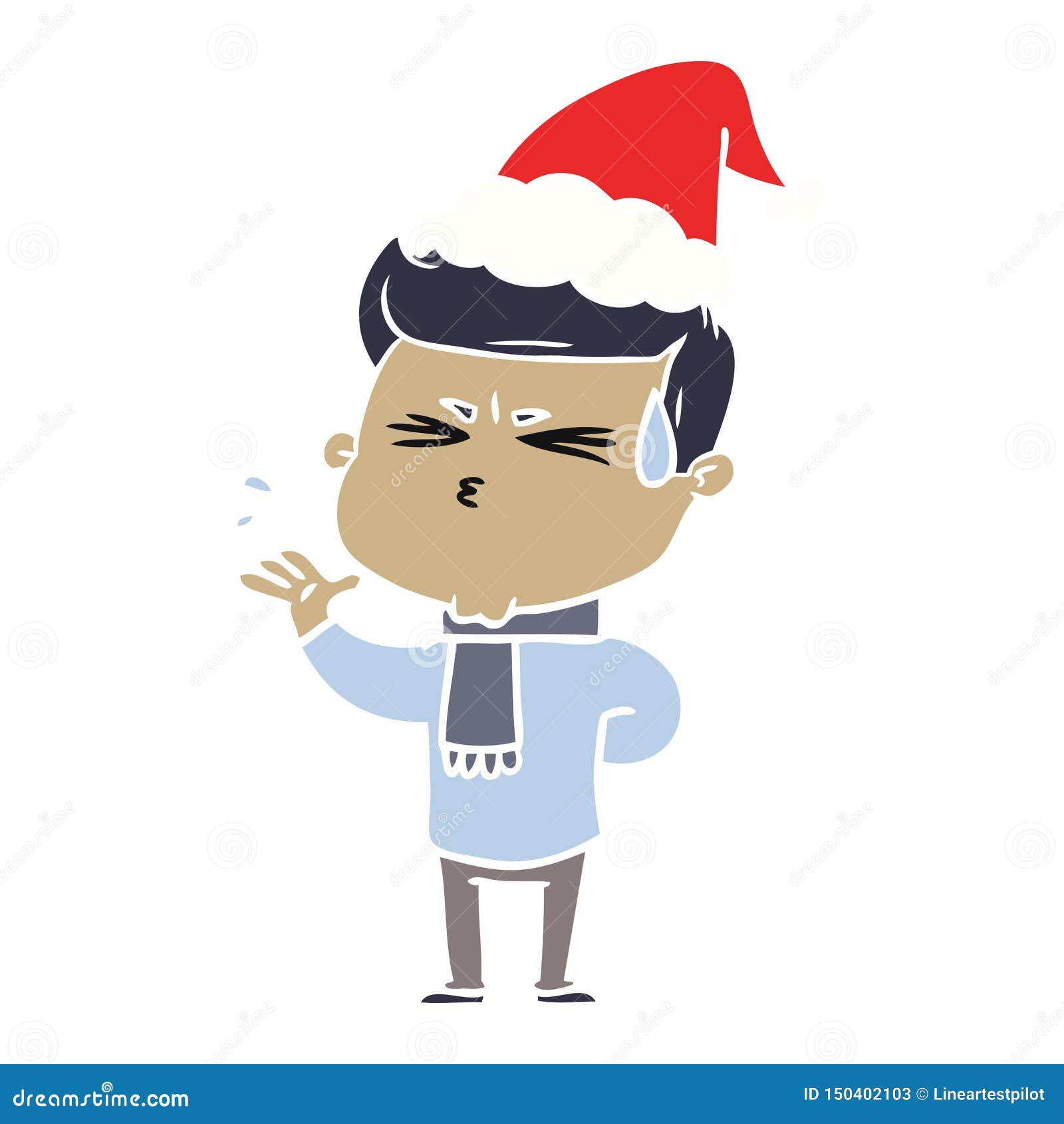 Hand Drawn Flat Color Illustration of a Man Sweating Wearing Santa Hat ...