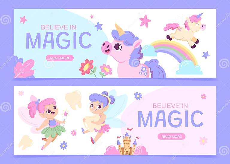 Hand Drawn Flat Cute Mythical Creatures Horizontal Banner Set Stock ...