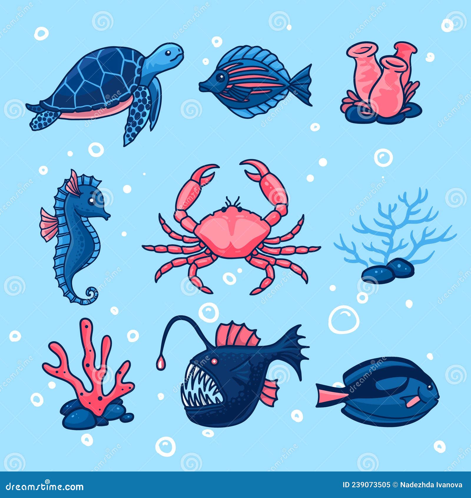 Hand Drawn Flat Design Sea Animals Set Vector Illustration. Stock ...