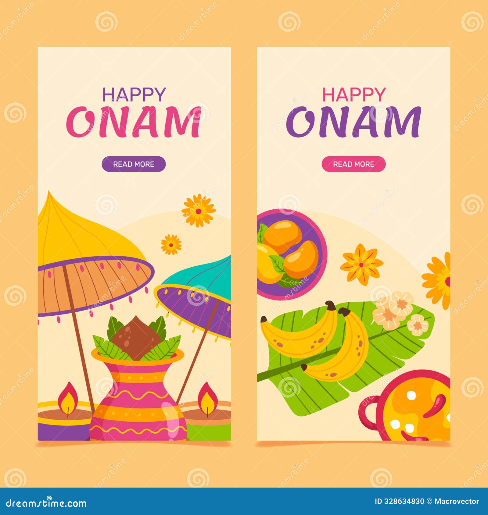 Hand Drawn Flat Happy Onam Vertical Banner Set Stock Illustration ...