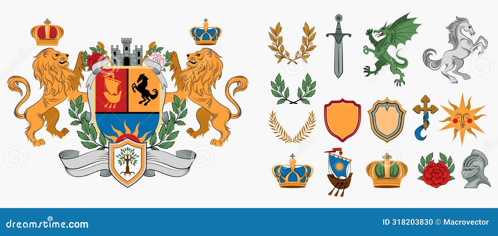 Hand Drawn Flat Heraldic Badge Icons with Illustration Set Stock ...