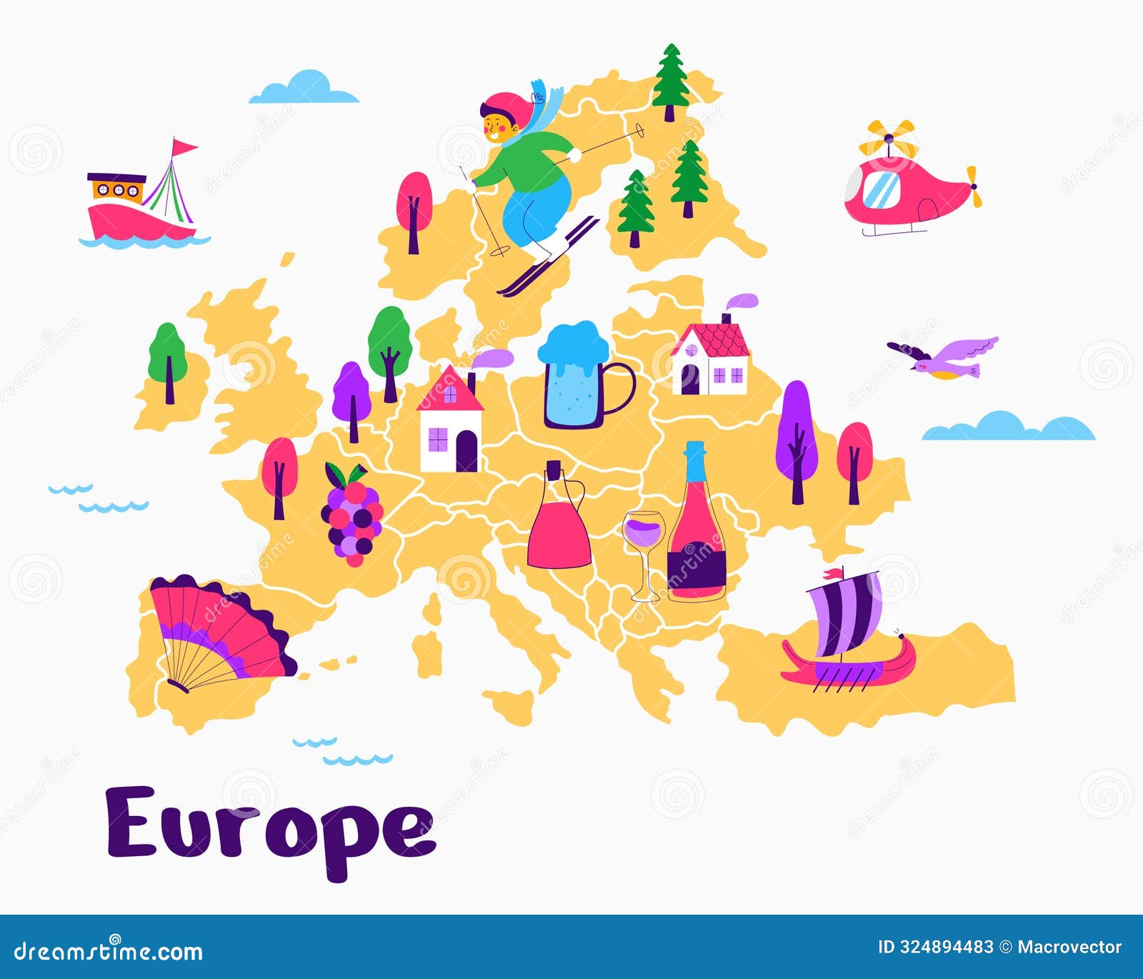 Hand Drawn Flat Map Composition Stock Illustration - Illustration of education, globe: 324894483