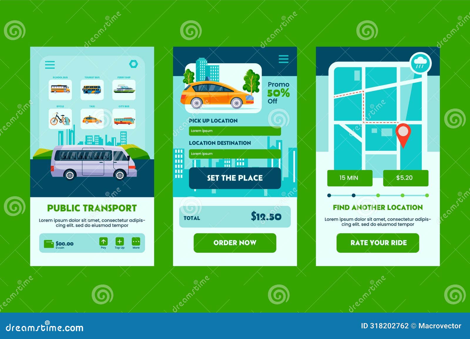 Hand Drawn Flat Public Transport App Design Template Set Stock ...