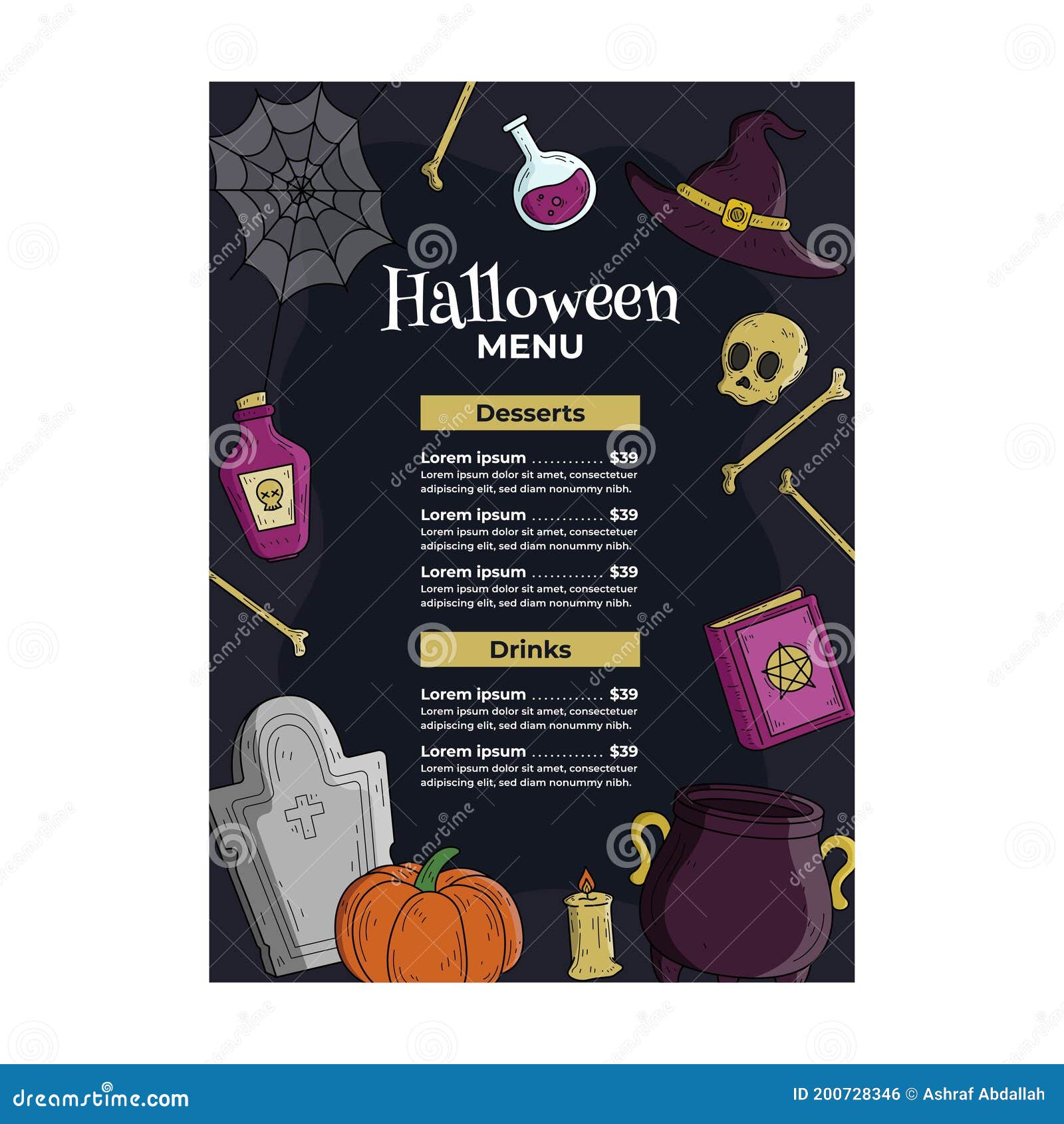 Hand Drawn Flat Realistic Design Halloween Menu Template Stock Vector ...