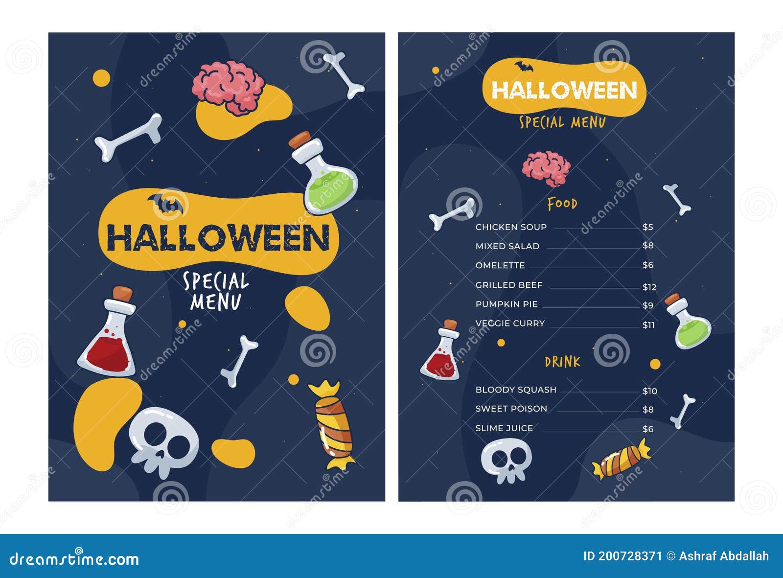Hand Drawn Flat Realistic Design Halloween Menu Template Stock Vector ...