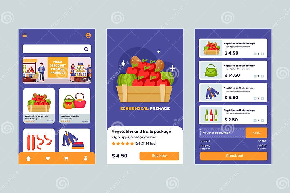 Hand Drawn Flat Shopping App Design Template Set Stock Illustration ...