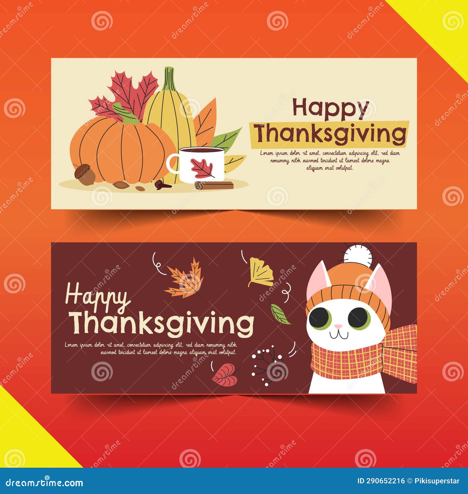 Hand Drawn Flat Thanksgiving Horizontal Banners Set Vector Design ...