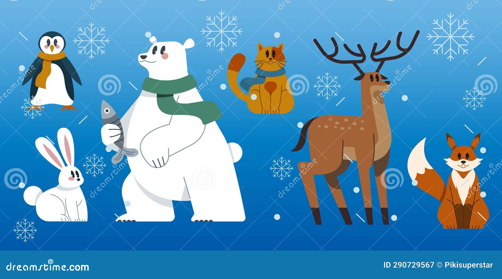 Hand Drawn Flat Winter Animals Collection Vector Design Illustration ...