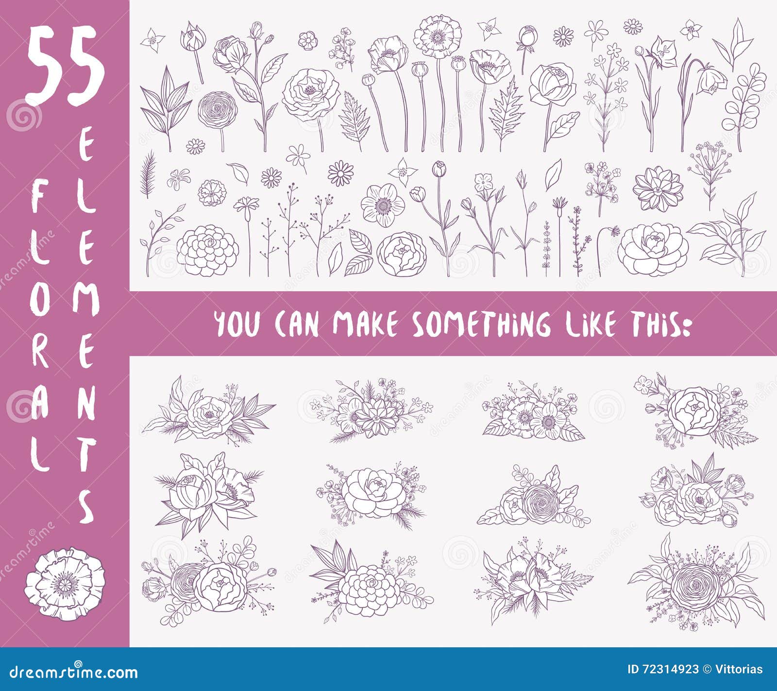 Hand Drawn Floral Elements. Stock Vector - Illustration of handdrawn ...