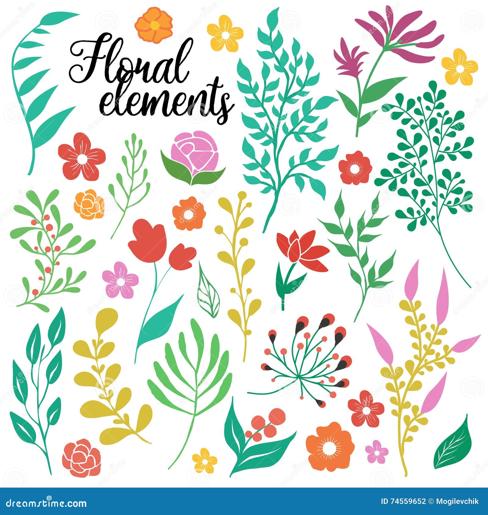 Hand Drawn Floral Elements Set Stock Vector - Illustration of ...