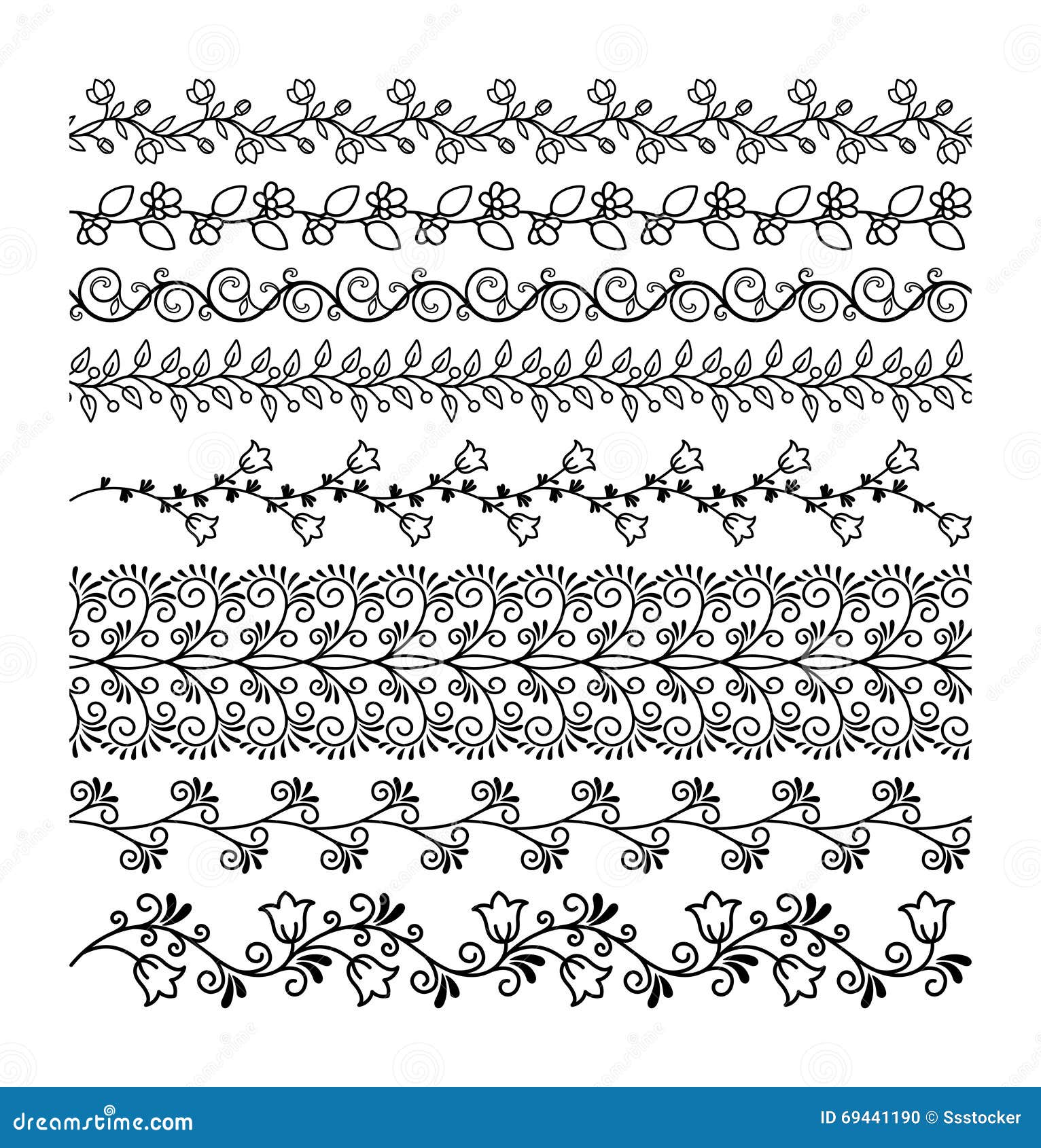 Hand Drawn Floral Line Borders Stock Vector - Illustration of ...