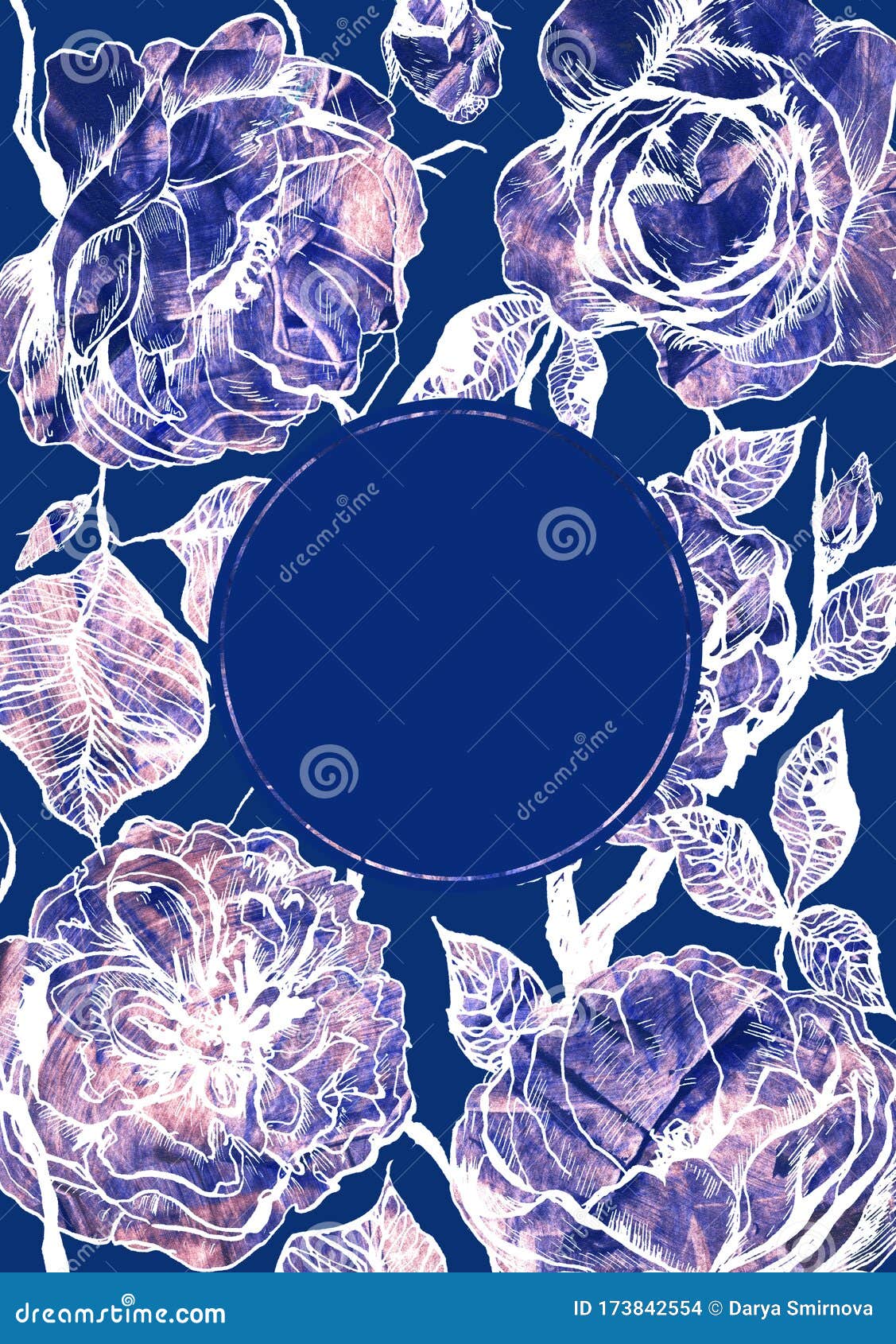 Hand Drawn Floral Rose Vertical Rectangular Template with Round Frame ...