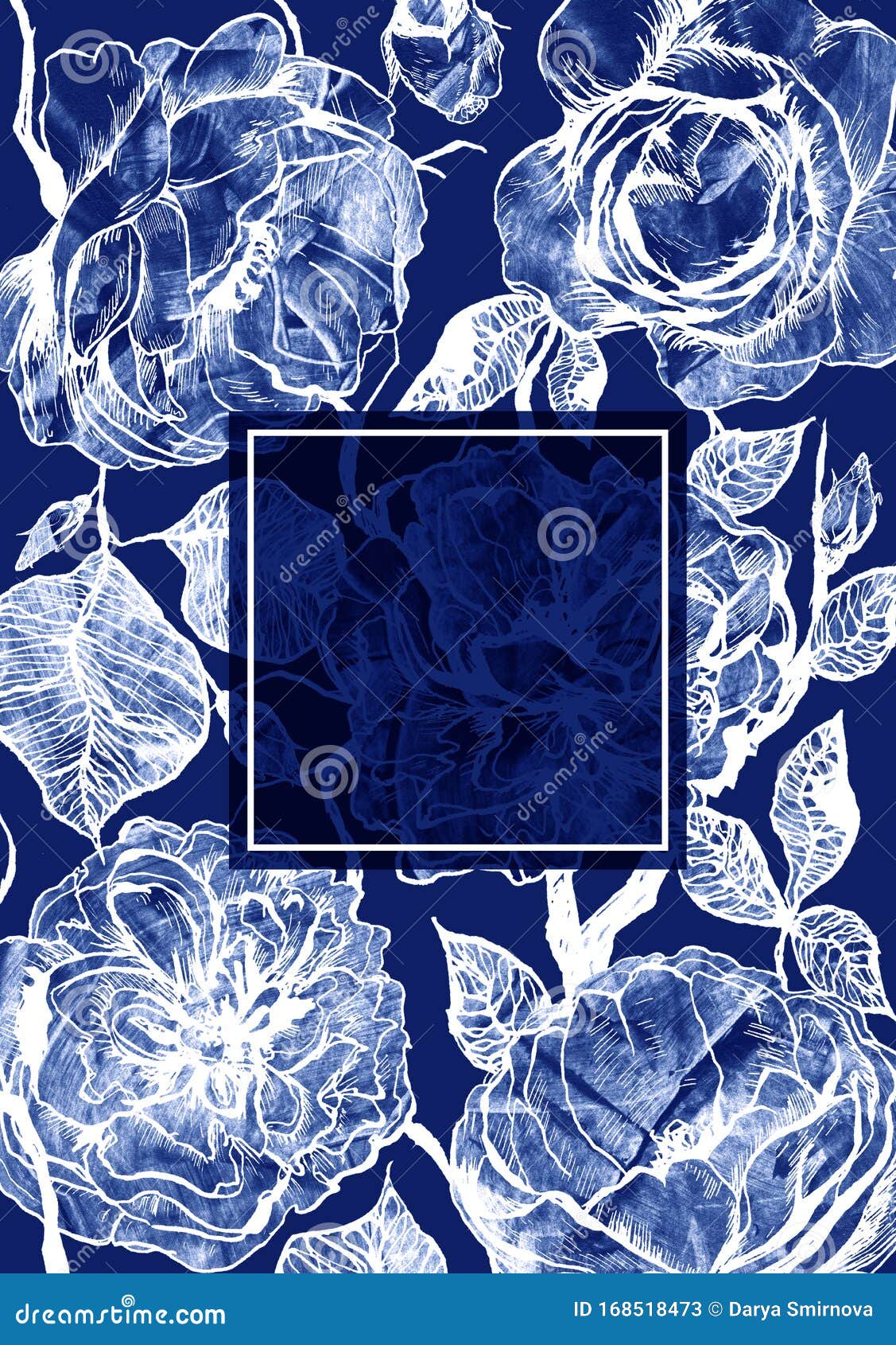 Hand Drawn Floral Rose Vertical Rectangular Template with Square Frame ...