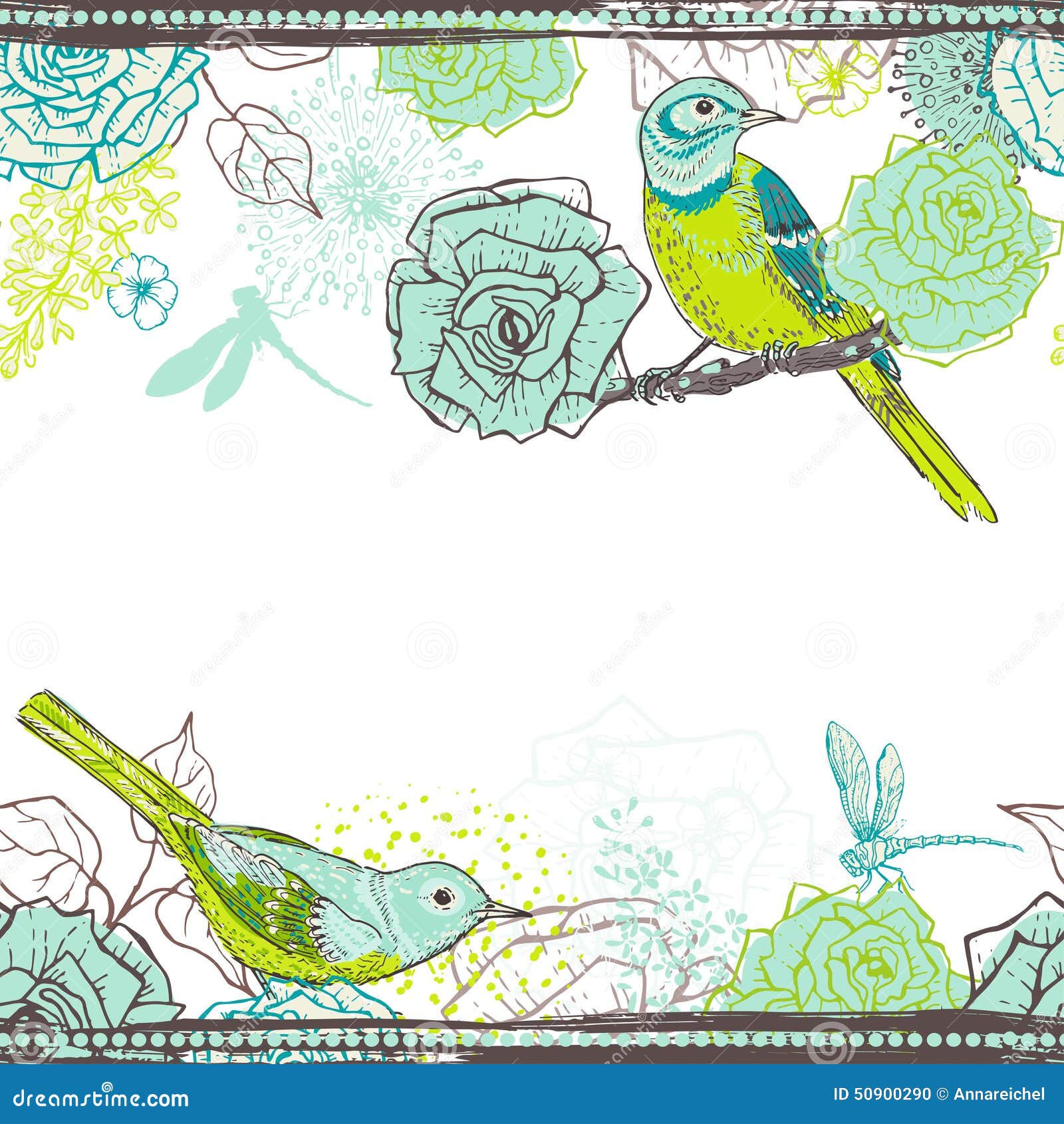 Hand Drawn Floral Seamless Border with Birds Stock Vector ...