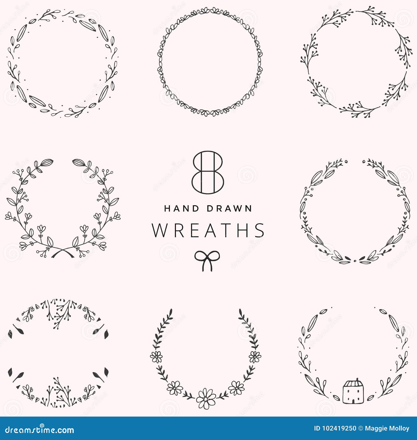 Hand Drawn Floral Wreath Frames. Set of 8 Doodle Elements. Stock Vector ...