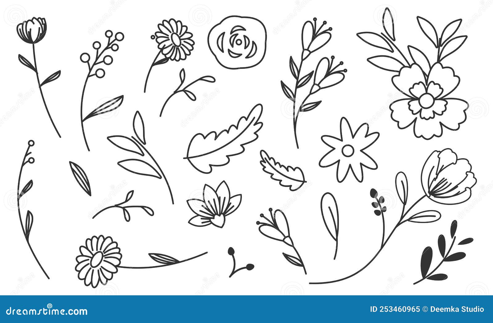 Hand Drawn Flower and Branches Doodle Vector Stock Illustration - Illustration of decorative ...